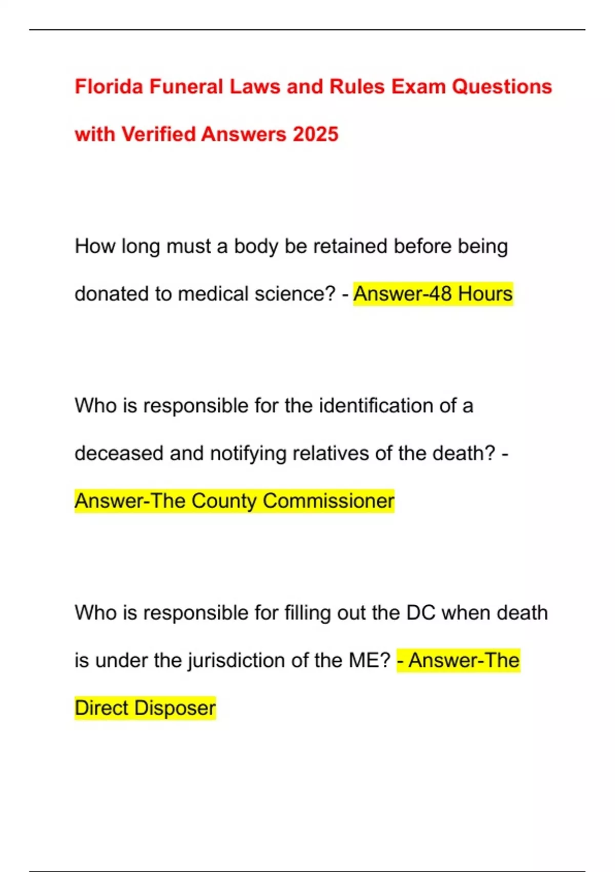 Florida Funeral Laws and Rules Exam Questions with Verified Answers ...