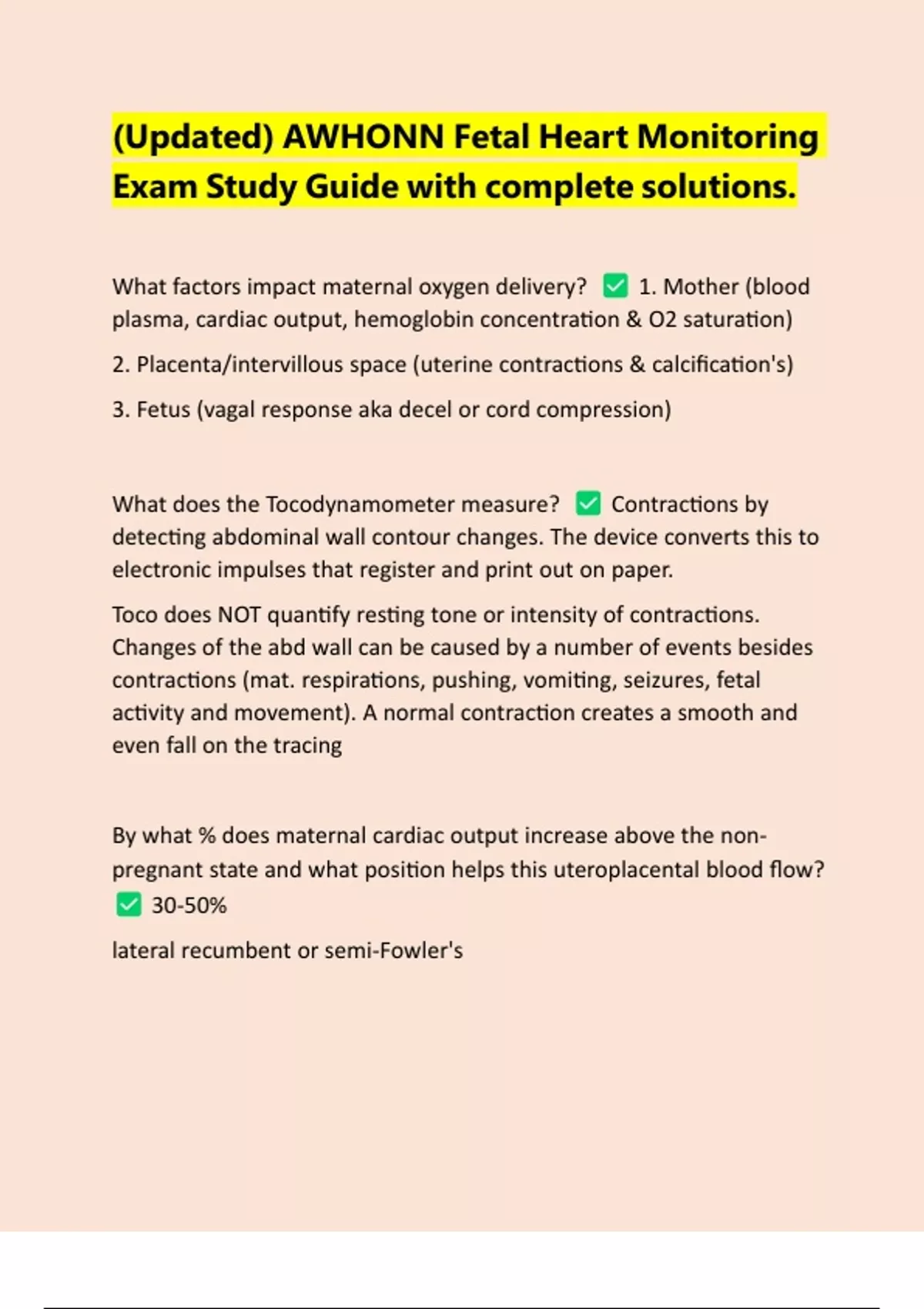 (Updated) AWHONN Fetal Heart Monitoring Exam Study Guide with complete ...