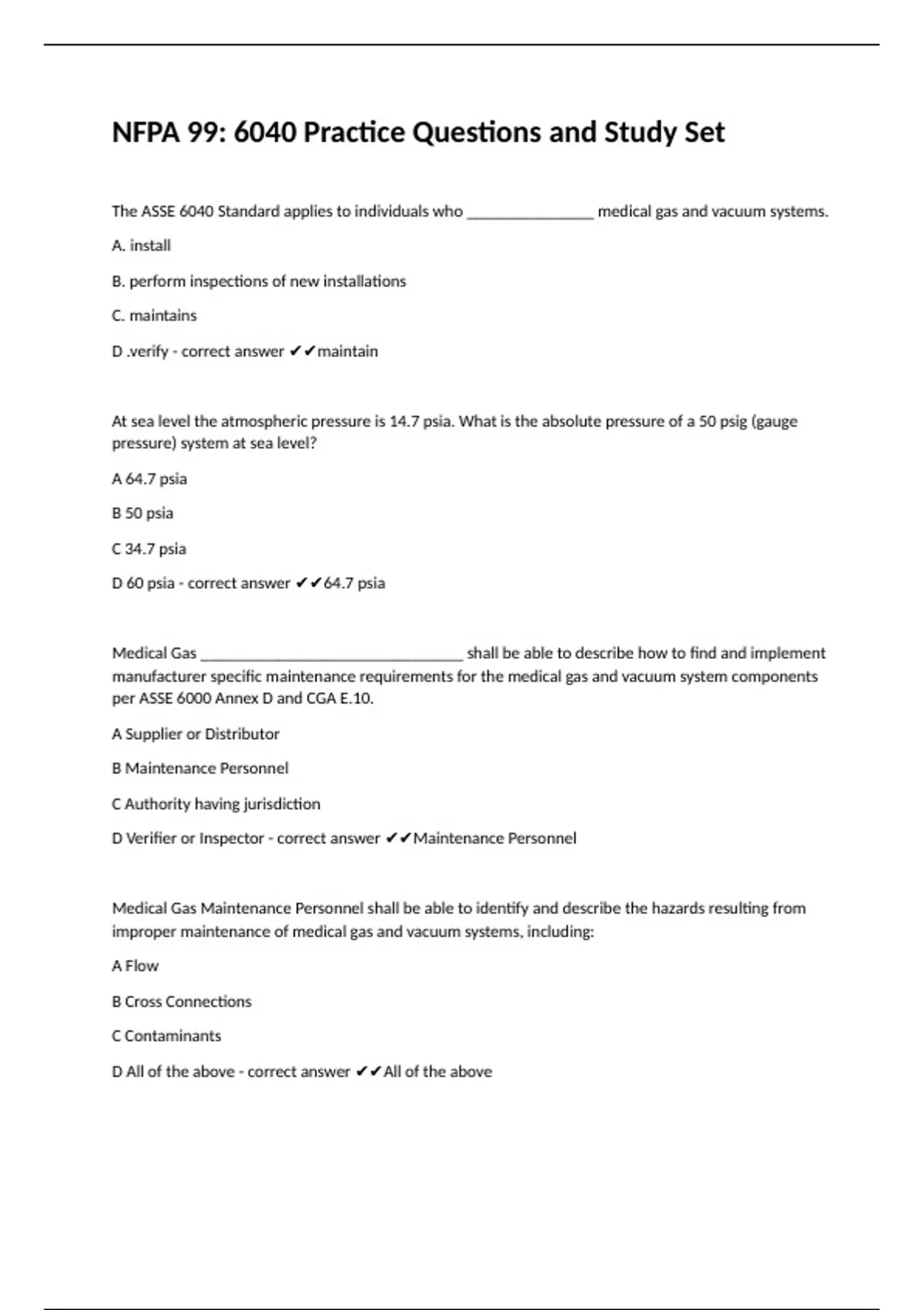 NFPA 99: 6040 Practice Questions and Study Set - NFPA 99 - Stuvia US