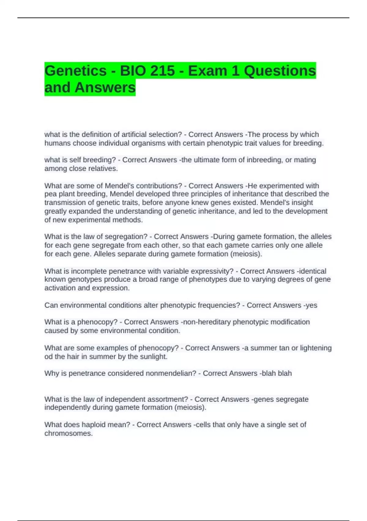 Genetics - BIO 215 - Exam 1 Questions and Answers - BIO 215 - Stuvia US