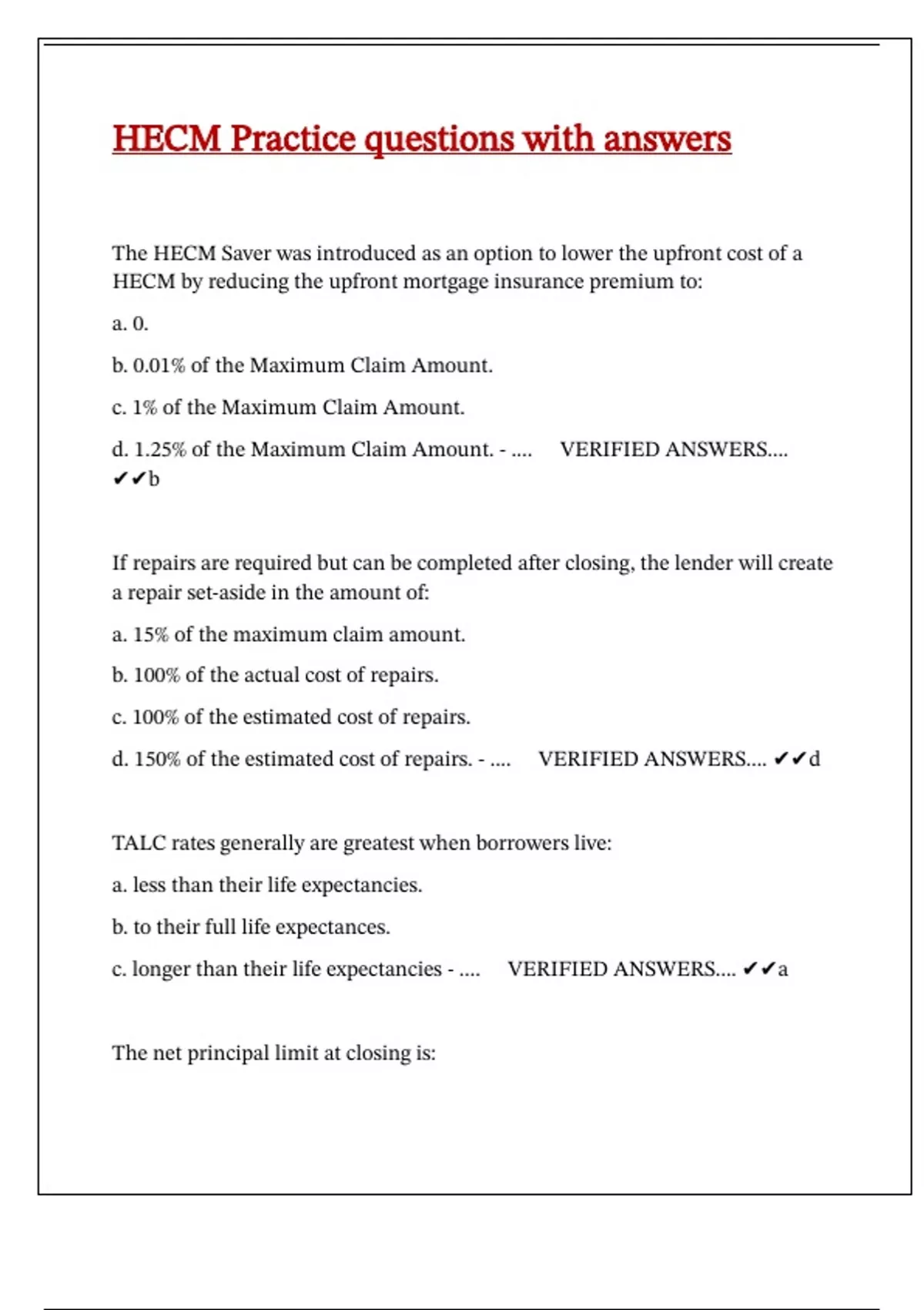 HECM Practice questions with answers - HECM - Stuvia US