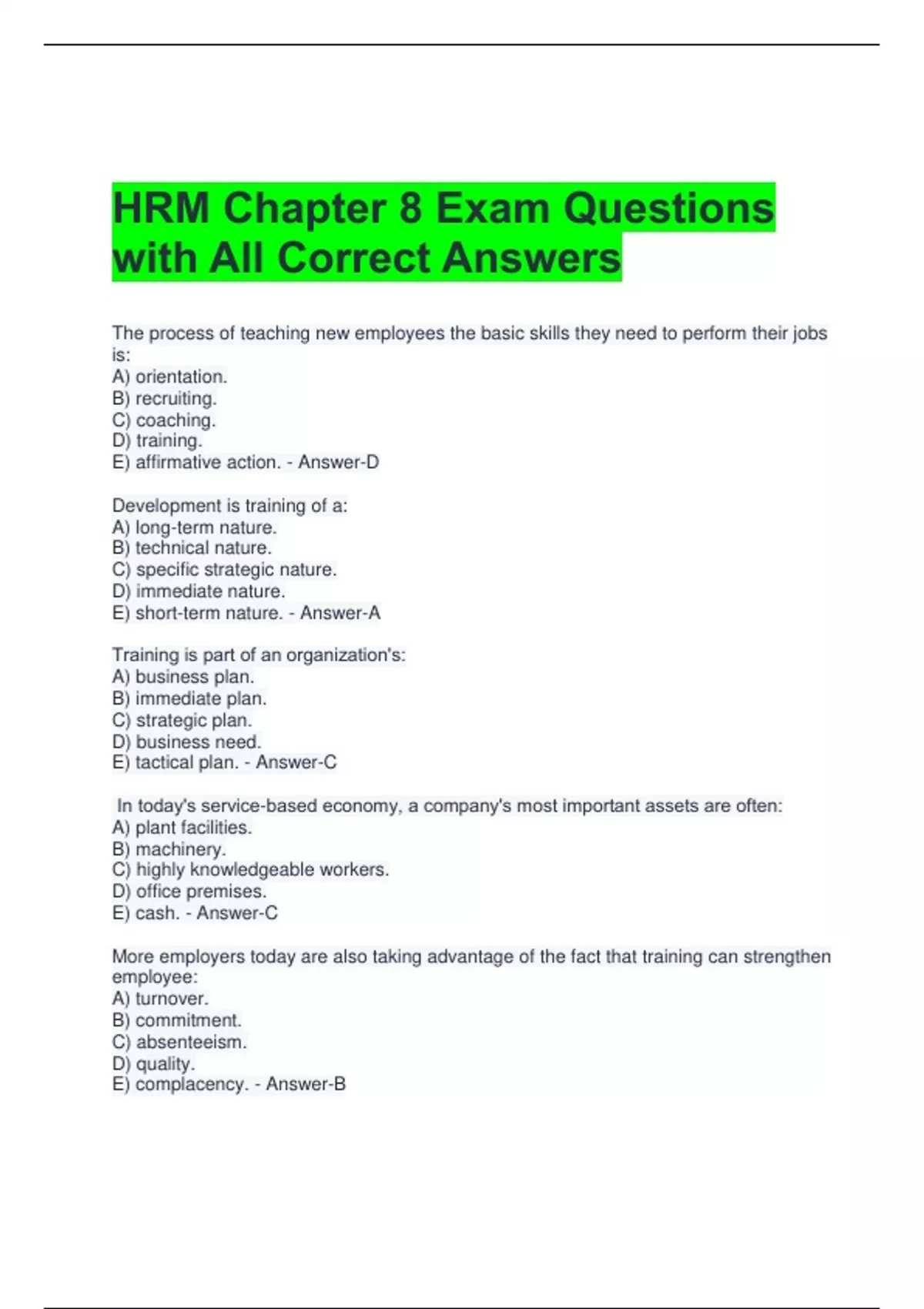 HRM Chapter 8 Exam Questions with All Correct Answers - HRM - Stuvia US