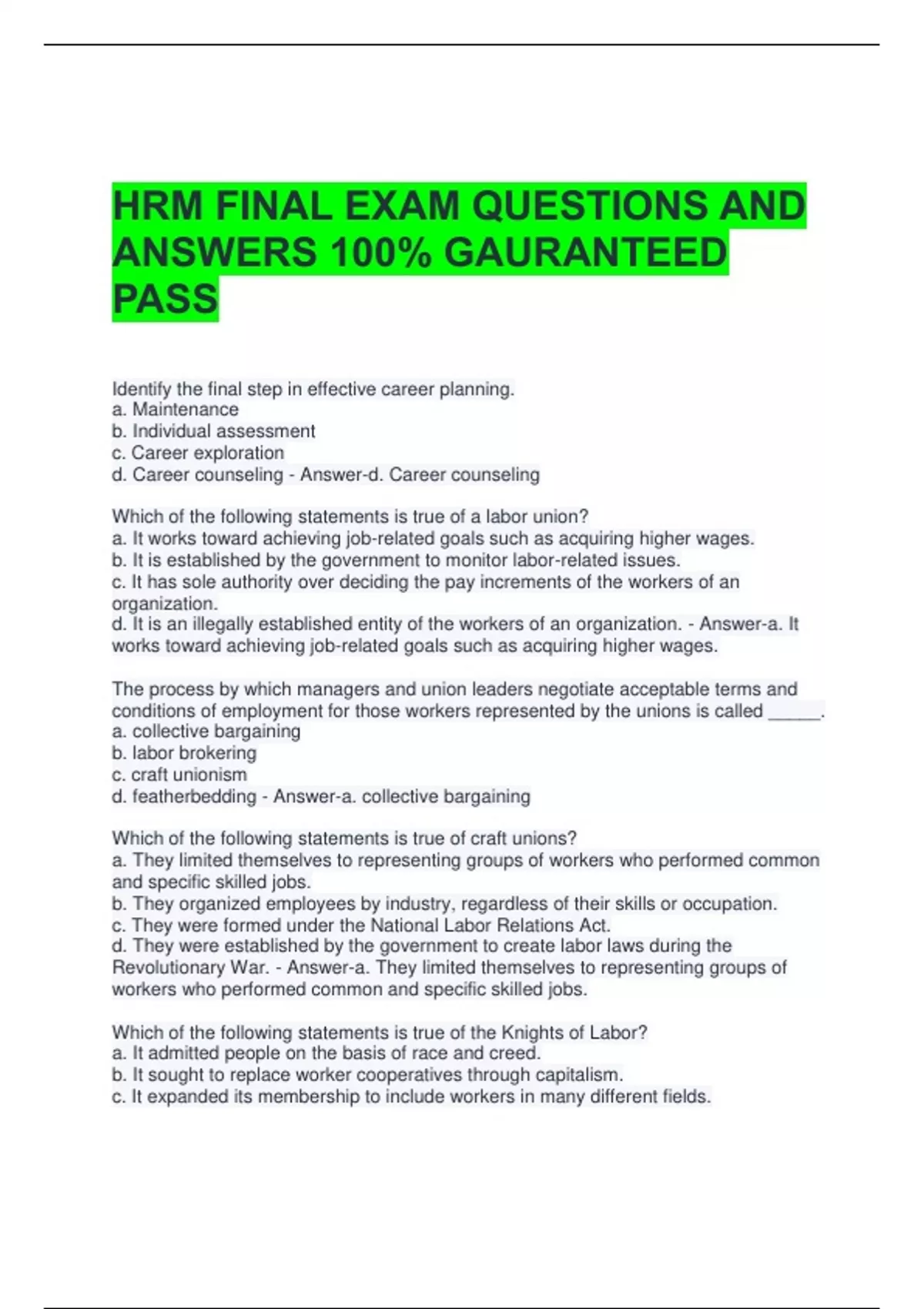 HRM FINAL EXAM QUESTIONS AND ANSWERS 100% GAURANTEED PASS - HRM - Stuvia US