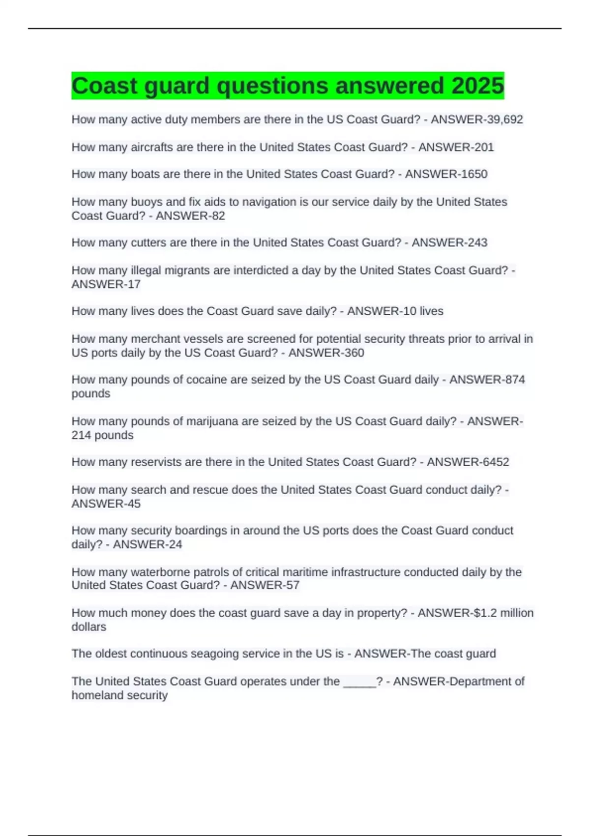 Coast guard questions answered 2025 - Coast Guard - Stuvia US