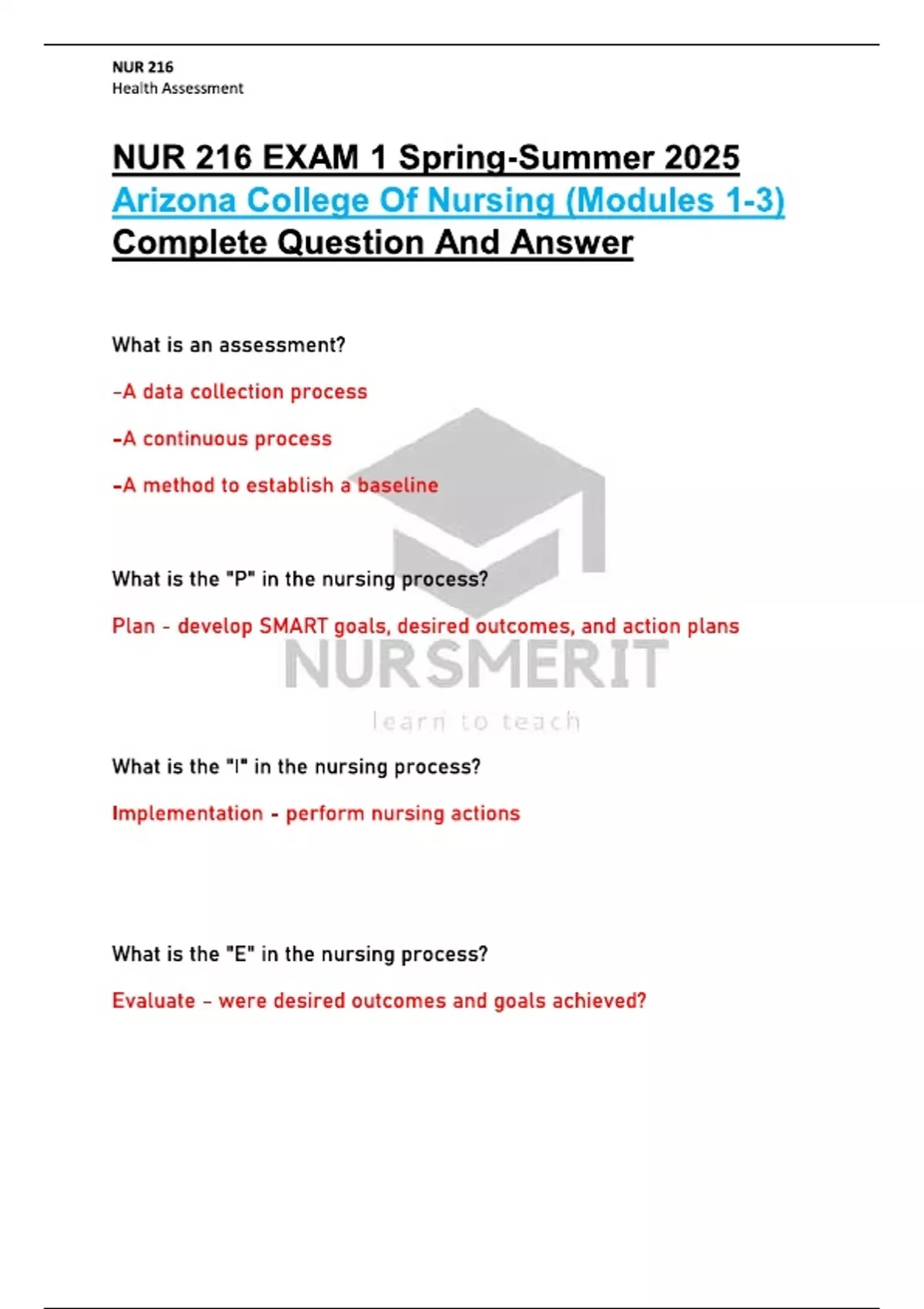 NUR 216 EXAM 1 Spring-Summer 2025 Arizona College Of Nursing (Modules 1 ...