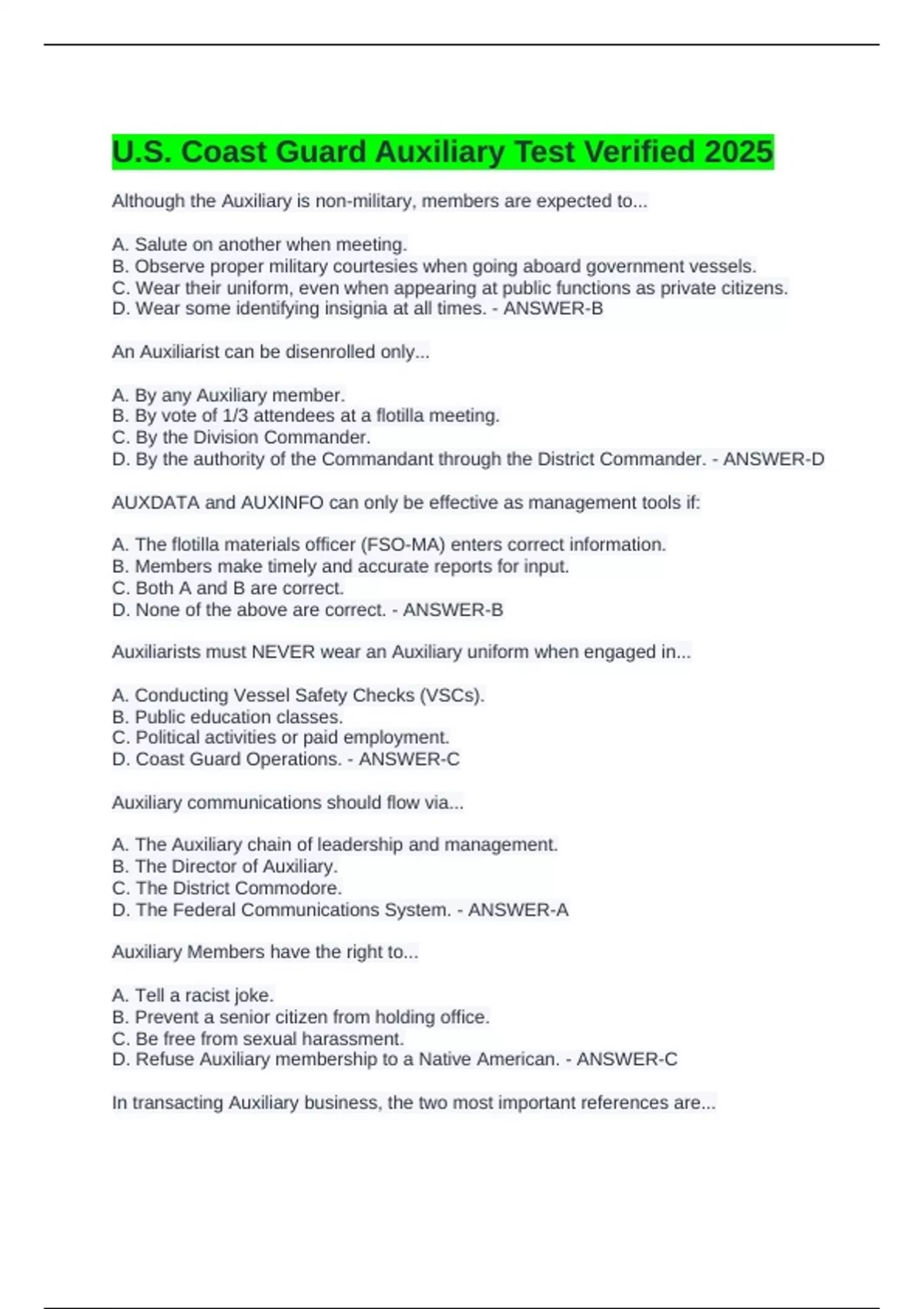 U.S. Coast Guard Auxiliary Test Verified 2025 - . Coast Guard - Stuvia US