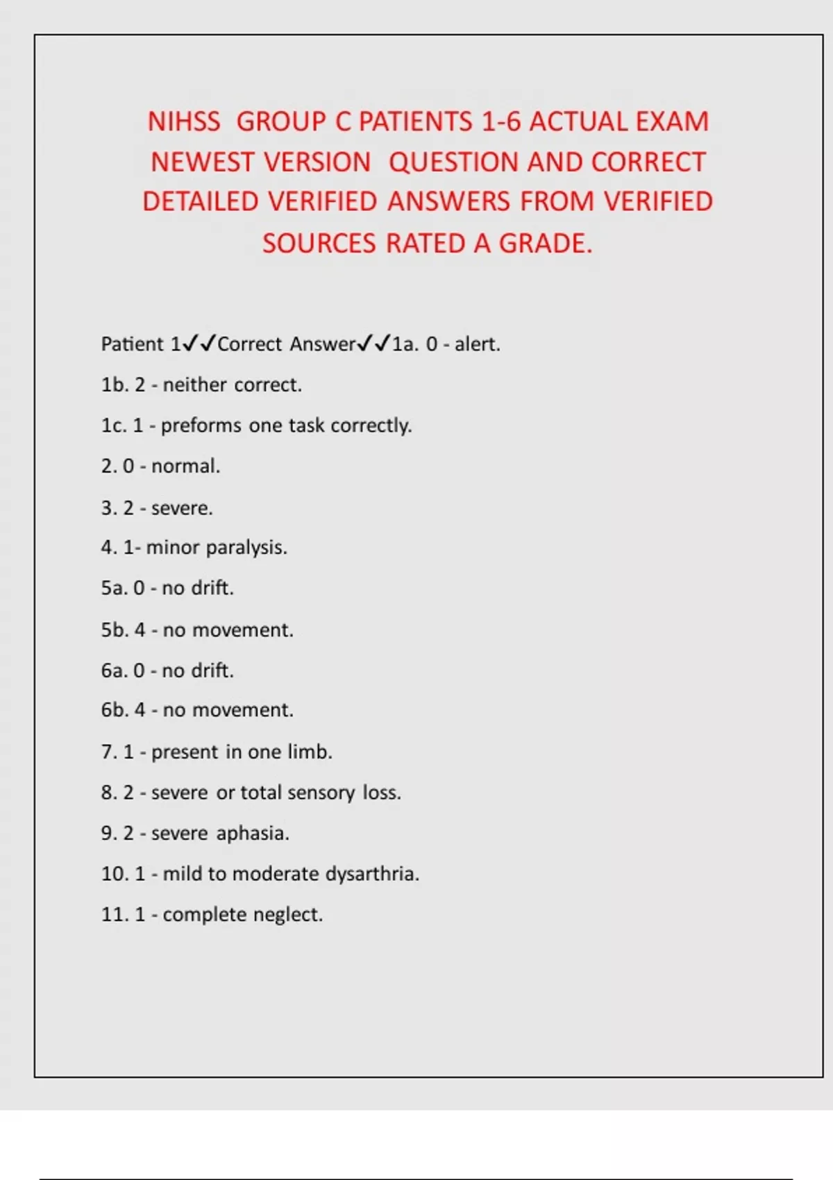 NIHSS GROUP C PATIENTS 1-6 ACTUAL EXAM NEWEST VERSION QUESTION AND ...