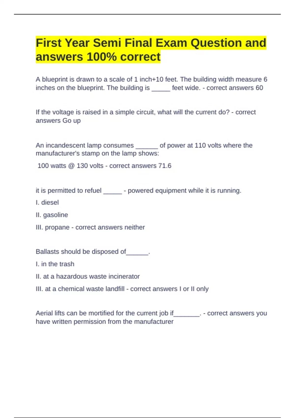 First Year Semi Final Exam Question and answers 100% correct - MAE 250 ...