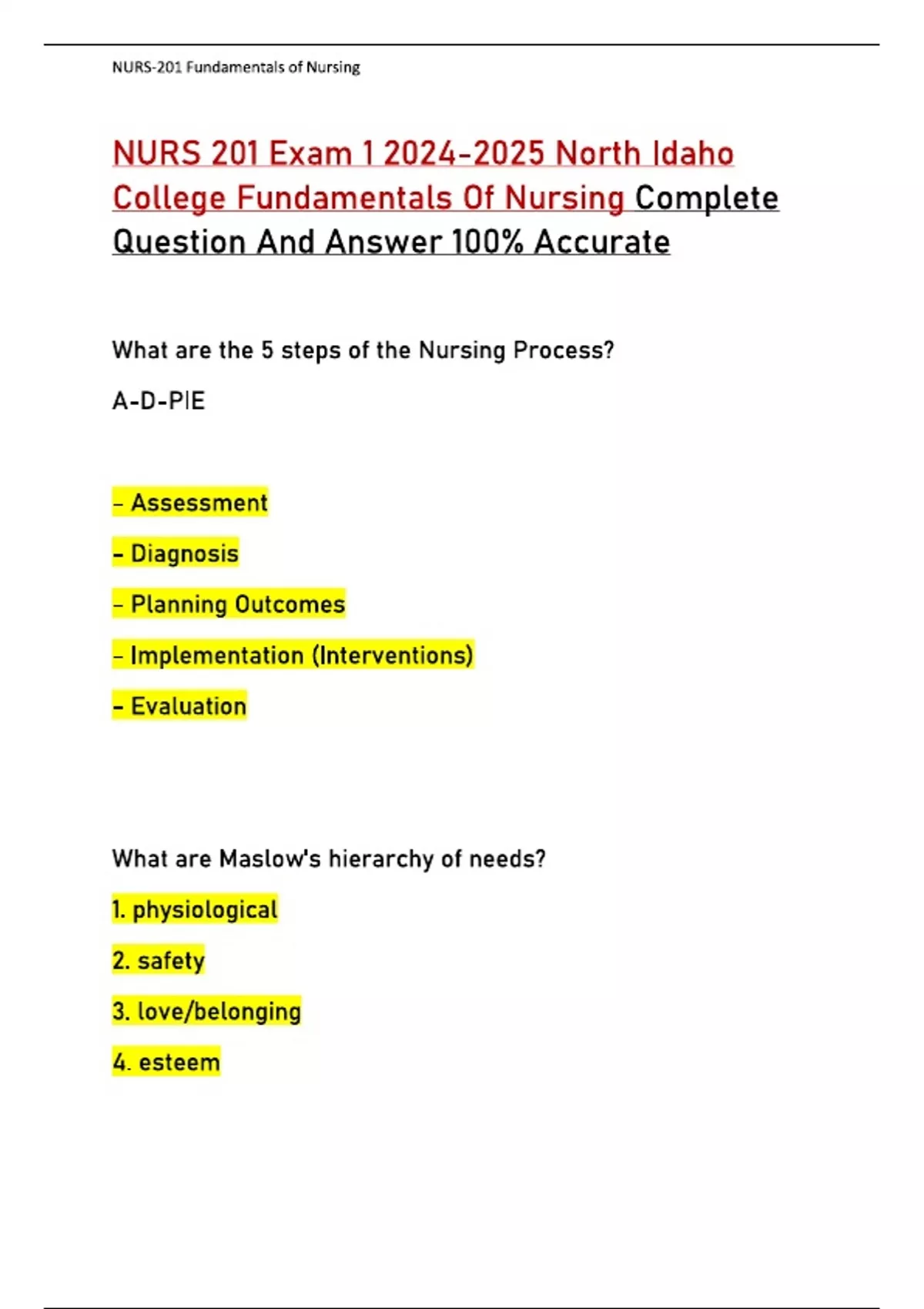 NURS 201 Exam North Idaho College Fundamentals Of Nursing Complete ...