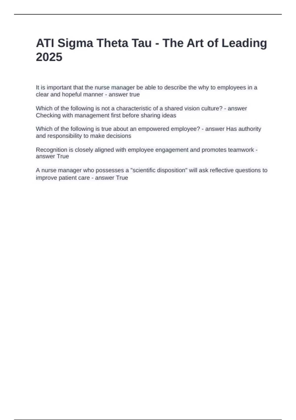 ATI Sigma Theta Tau - The Art of Leading 2025 Questions and Answers ...