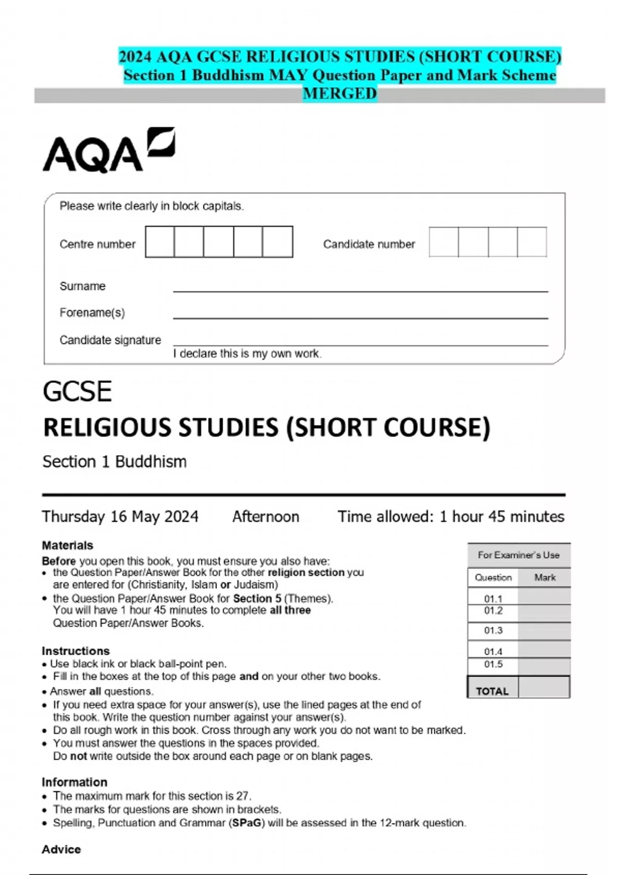 2024 AQA GCSE RELIGIOUS STUDIES (SHORT COURSE) Section 1 Buddhism MAY ...
