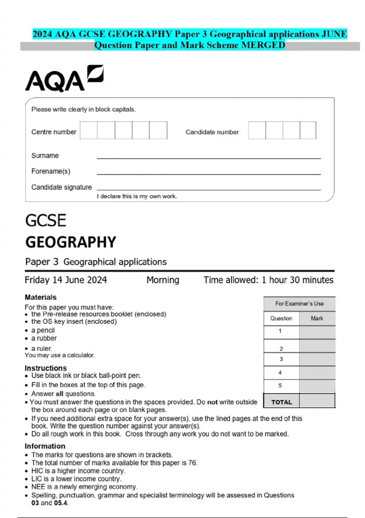 2024 AQA GCSE GEOGRAPHY Paper 3 Geographical applications JUNE Question ...