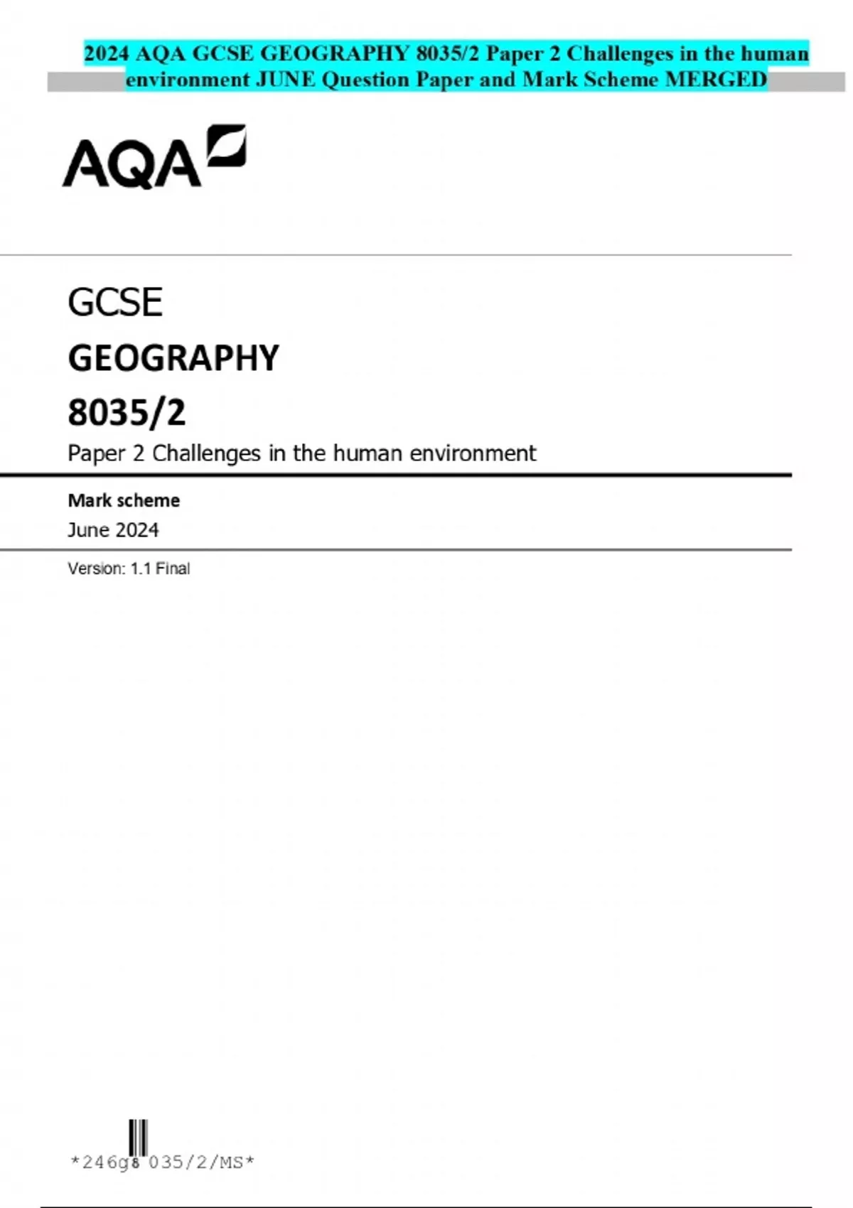 2024 AQA GCSE GEOGRAPHY 8035/2 Paper 2 Challenges in the human ...