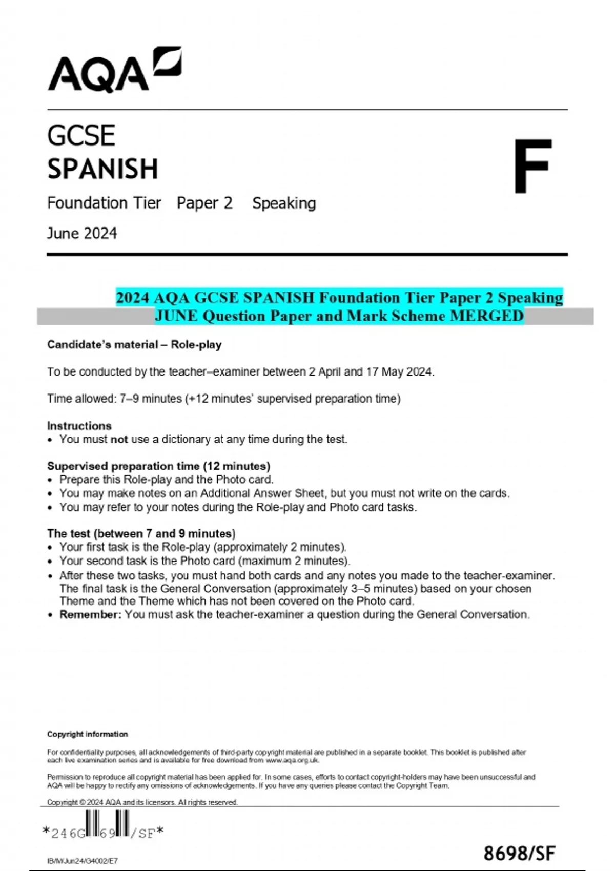 2024 AQA GCSE SPANISH Foundation Tier Paper 2 Speaking JUNE Question ...