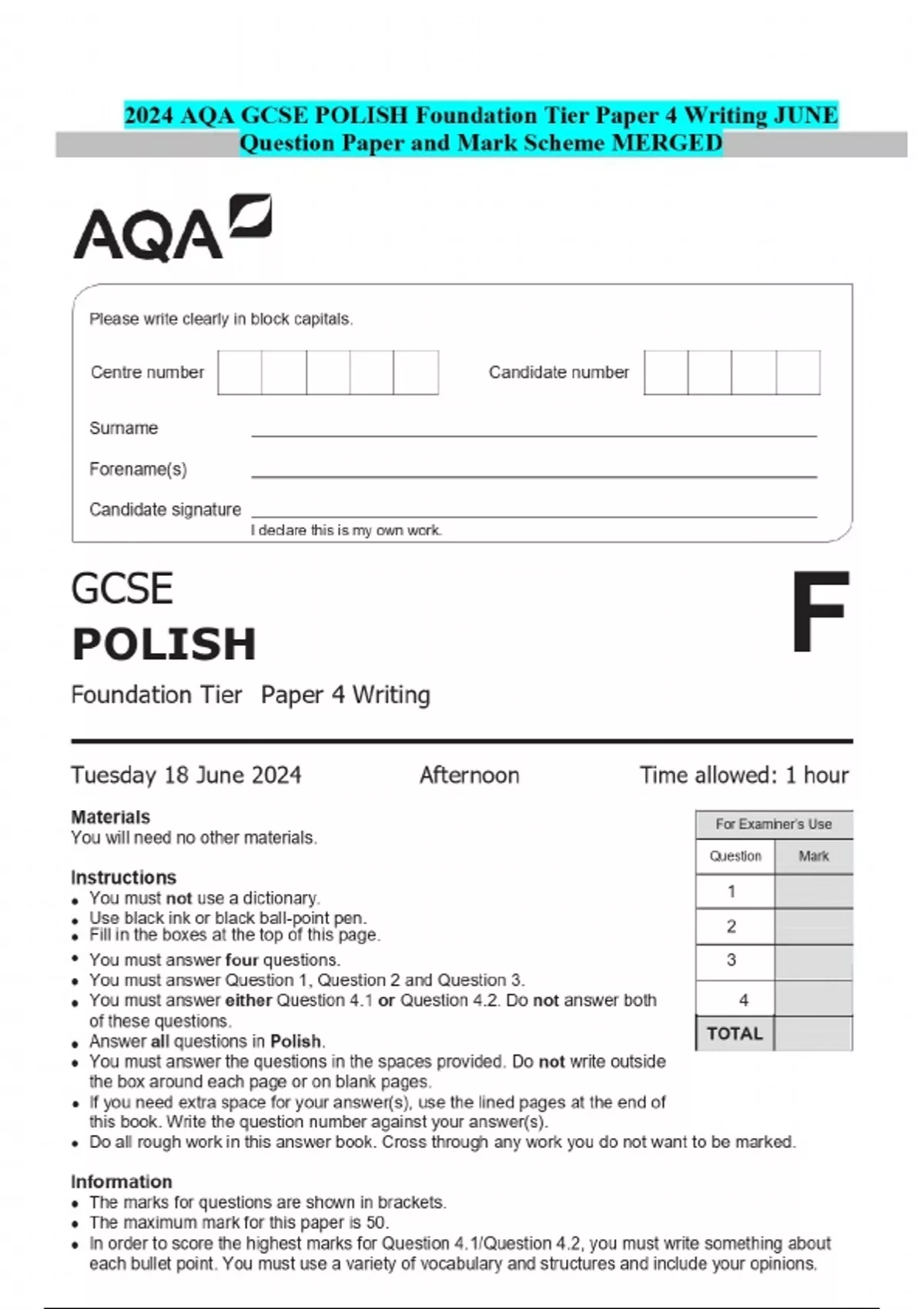 2024 AQA GCSE POLISH Foundation Tier Paper 4 Writing JUNE Question ...