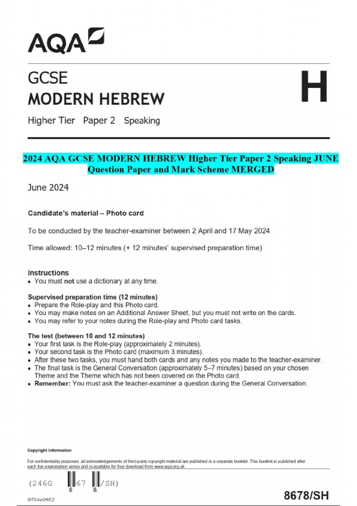 2024 AQA GCSE MODERN HEBREW Higher Tier Paper 2 Speaking JUNE Question ...