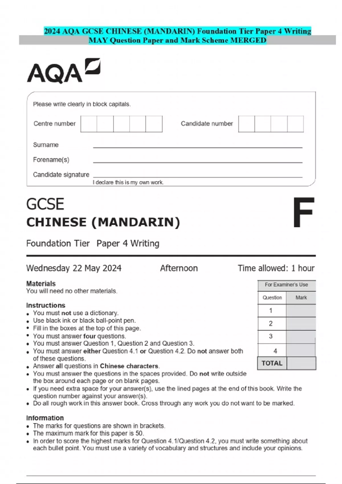 2024 AQA GCSE CHINESE (MANDARIN) Foundation Tier Paper 4 Writing MAY ...