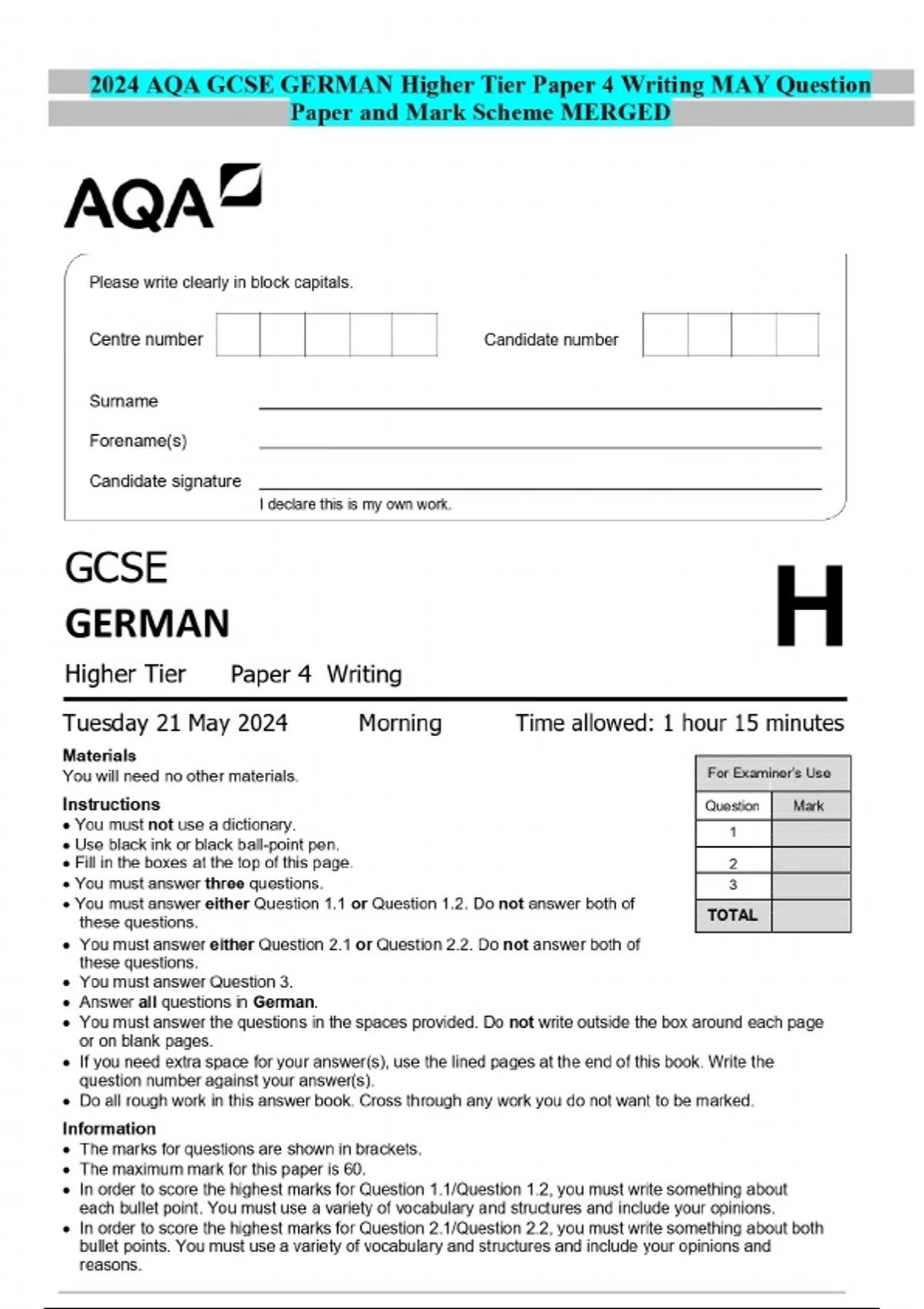 2024 AQA GCSE GERMAN Higher Tier Paper 4 Writing MAY Question Paper and ...