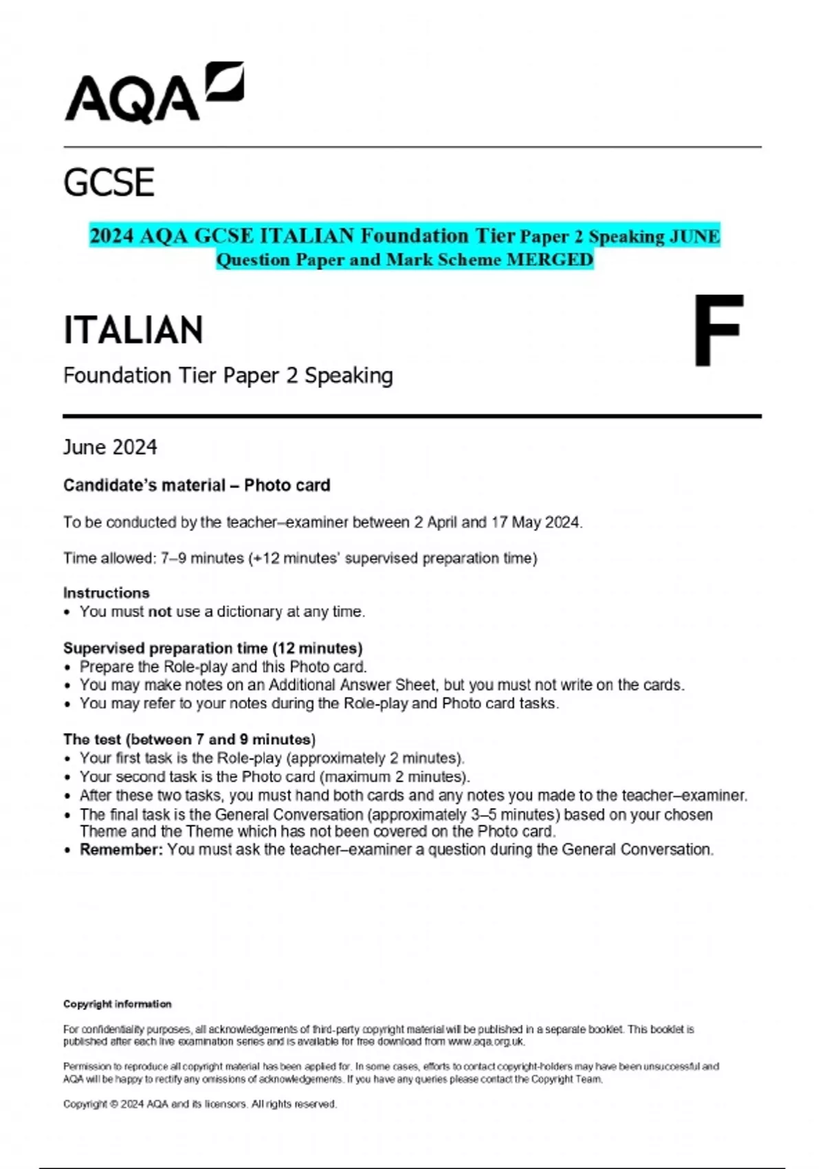 2024 AQA GCSE ITALIAN Foundation Tier Paper 2 Speaking JUNE Question ...
