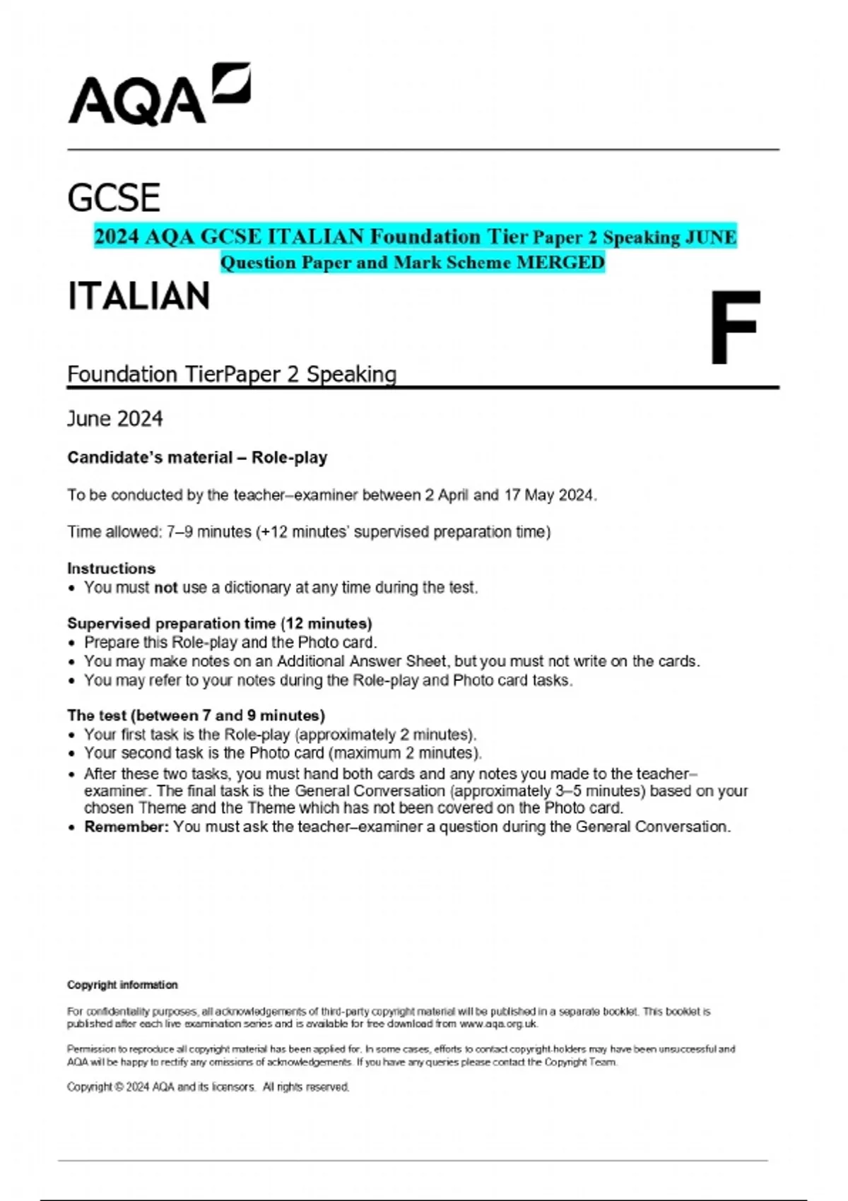 2024 AQA GCSE ITALIAN Foundation Tier Paper 2 Speaking JUNE Question ...
