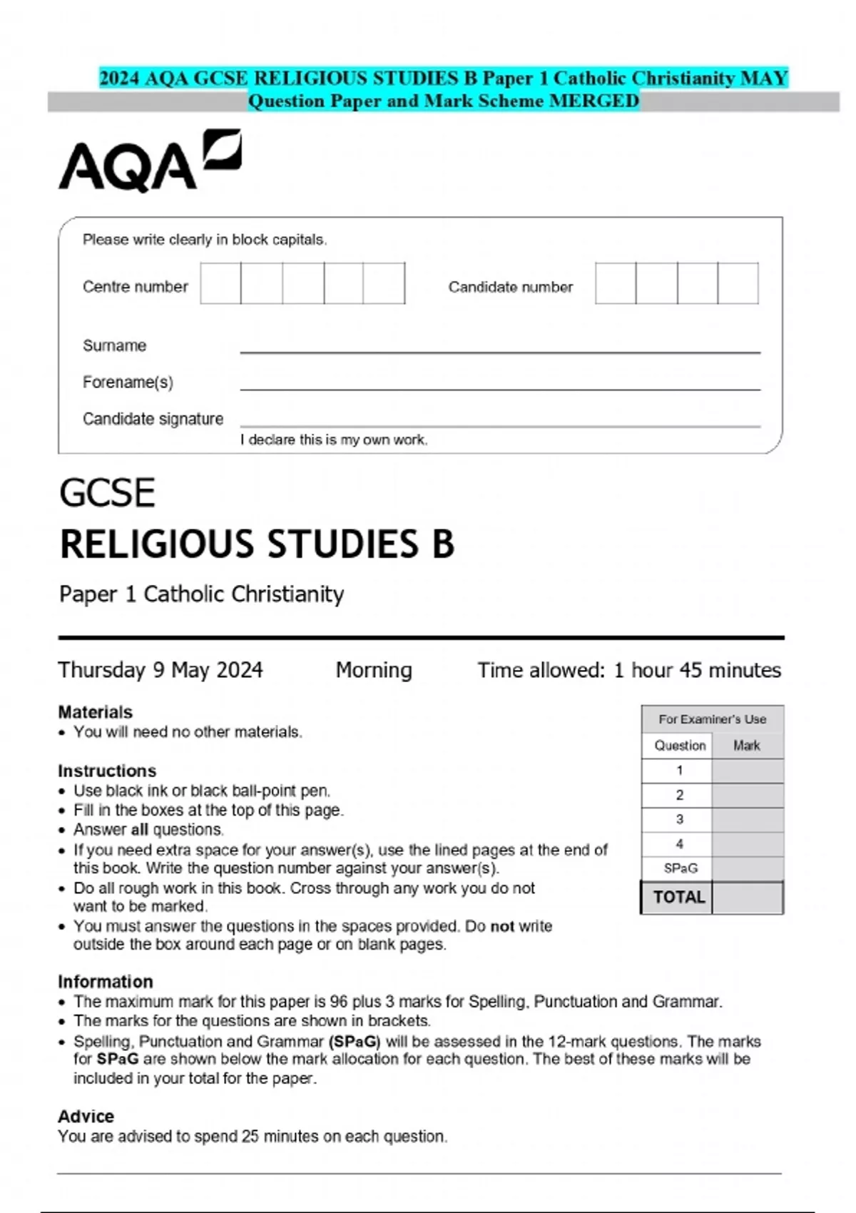 2024 AQA GCSE RELIGIOUS STUDIES B Paper 1 Catholic Christianity MAY ...