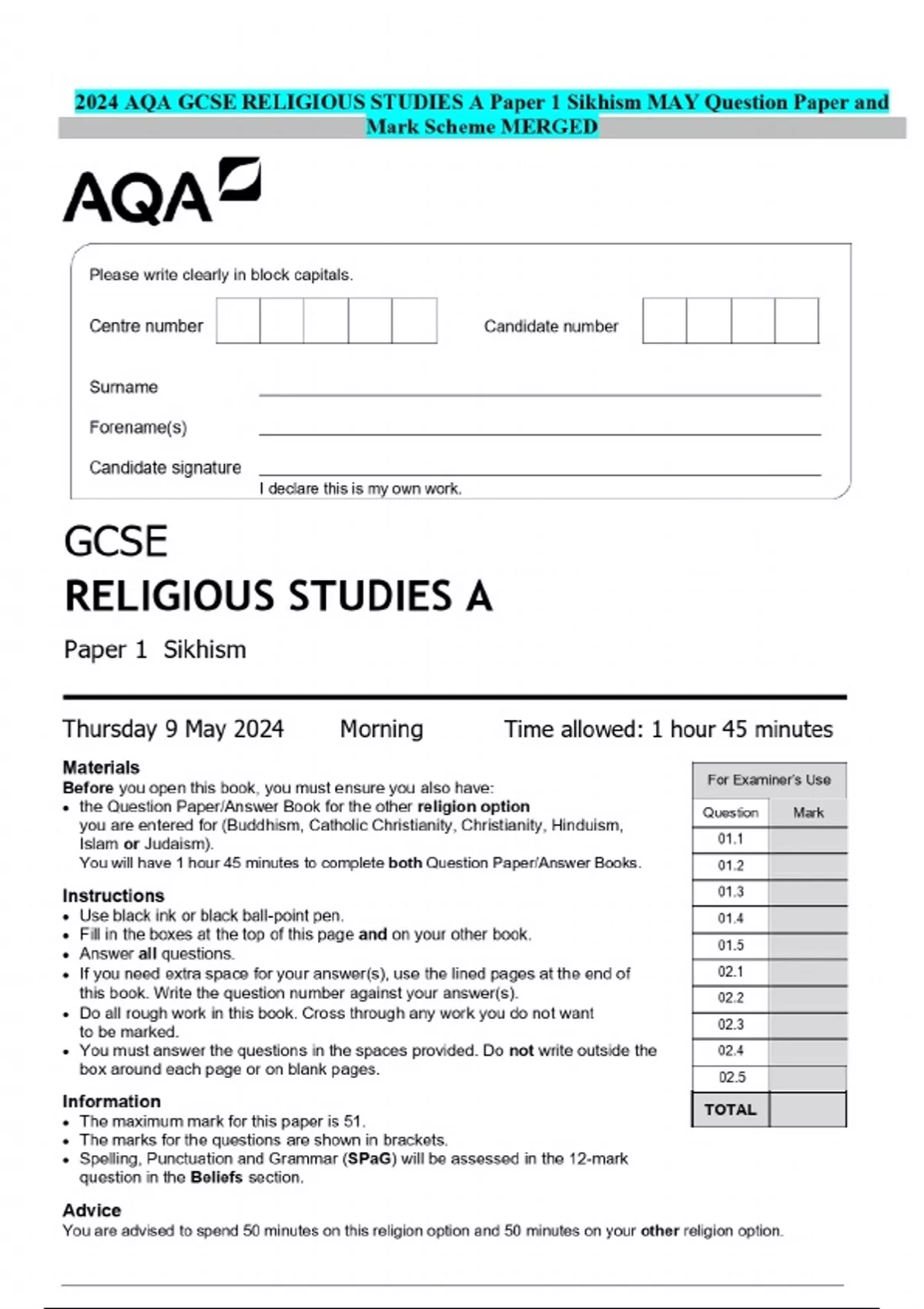 2024 AQA GCSE RELIGIOUS STUDIES A Paper 1 Sikhism MAY Question Paper ...