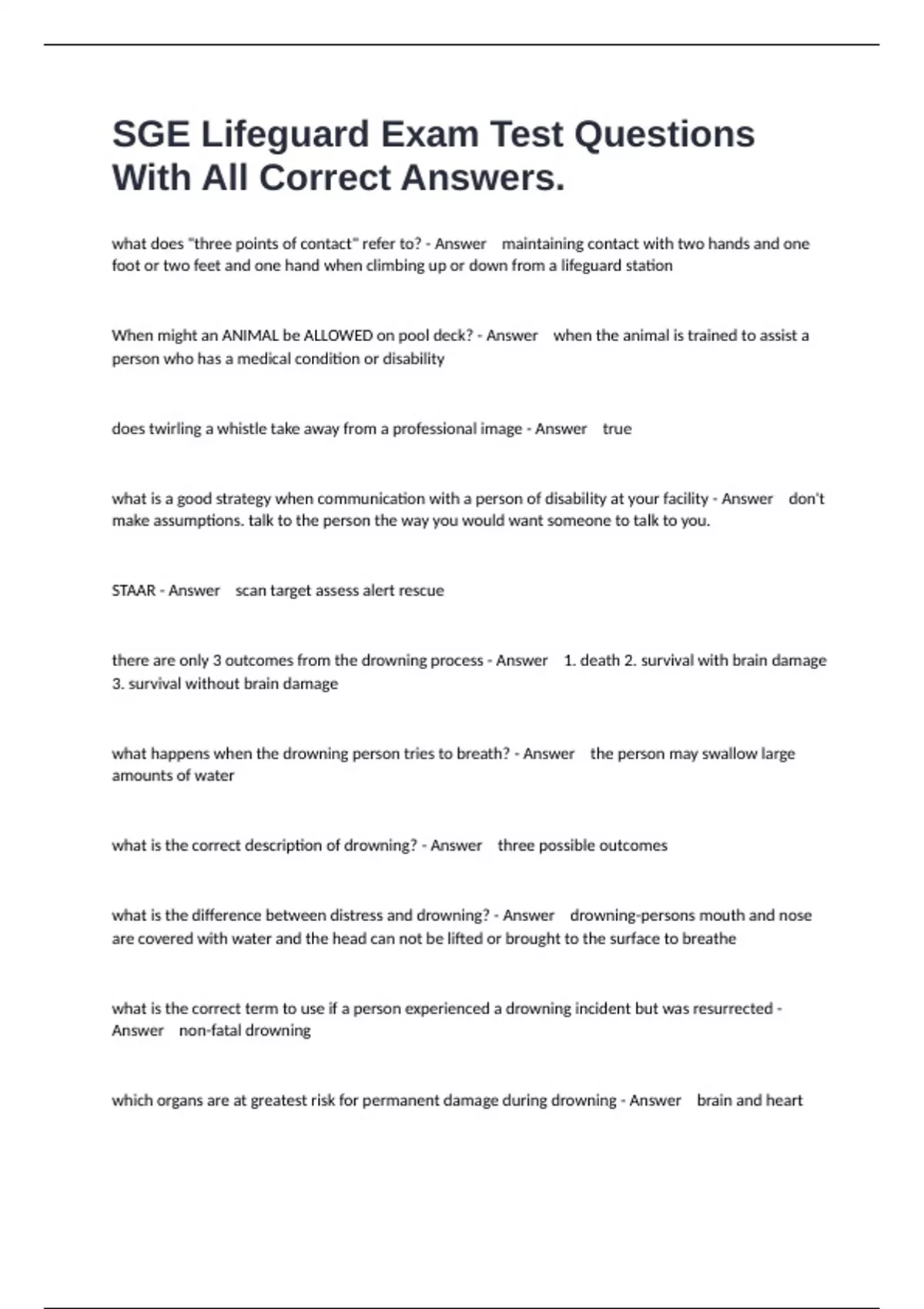 SGE Lifeguard Exam Test Questions With All Correct Answers. - Sge ...