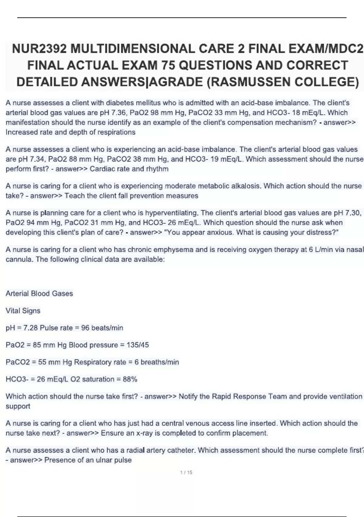 NUR2392 MULTIDIMENSIONAL CARE 2 FINAL EXAM MDC2 FINAL ACTUAL EXAM 75 Questions with 100% Correct ...