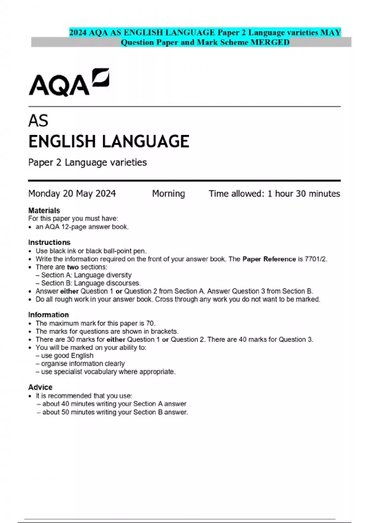 2024 AQA AS ENGLISH LANGUAGE Paper 2 Language varieties MAY Question ...
