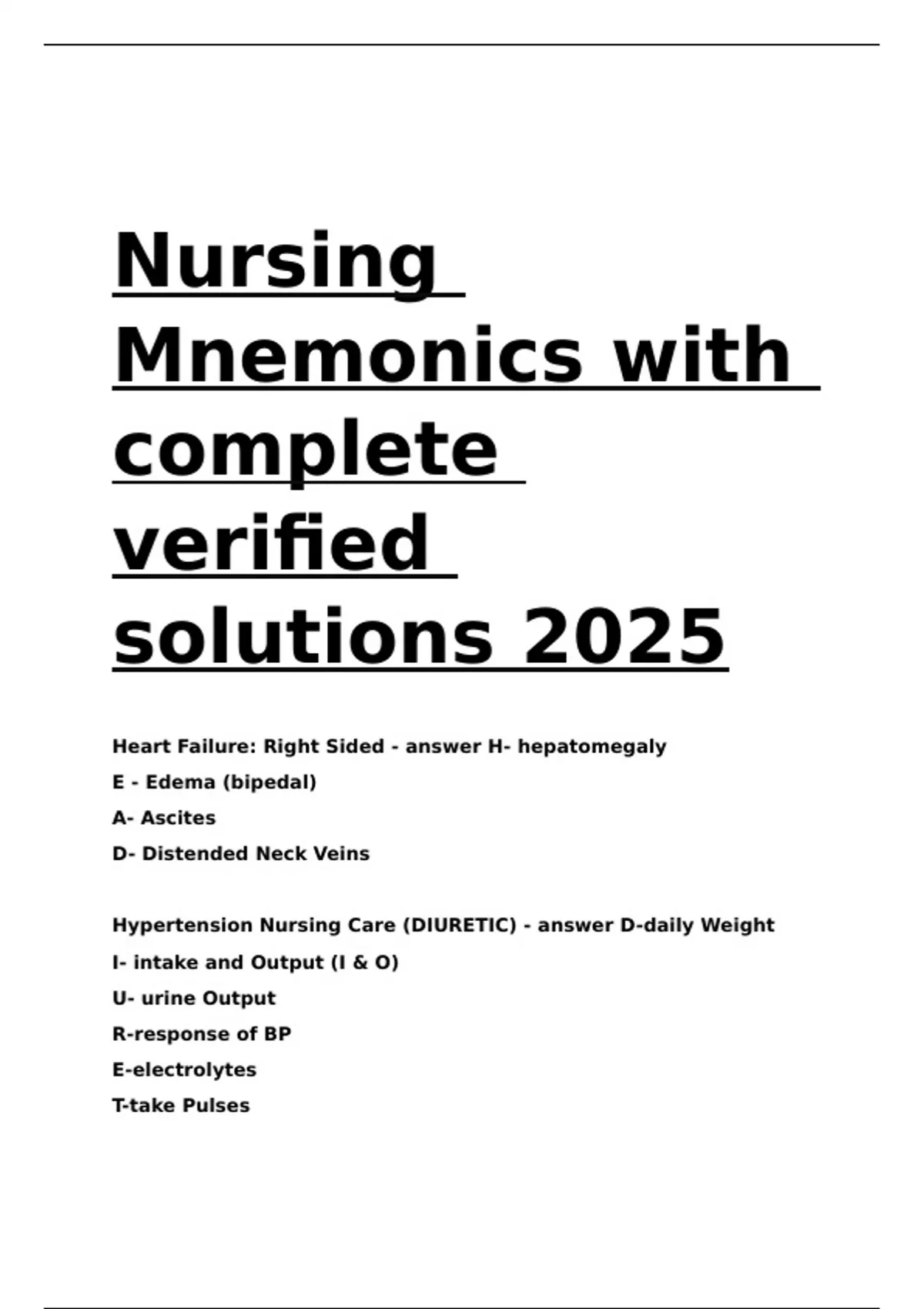 Nursing Mnemonics with complete verified solutions 2025.docx - NURS 4325 - Stuvia US
