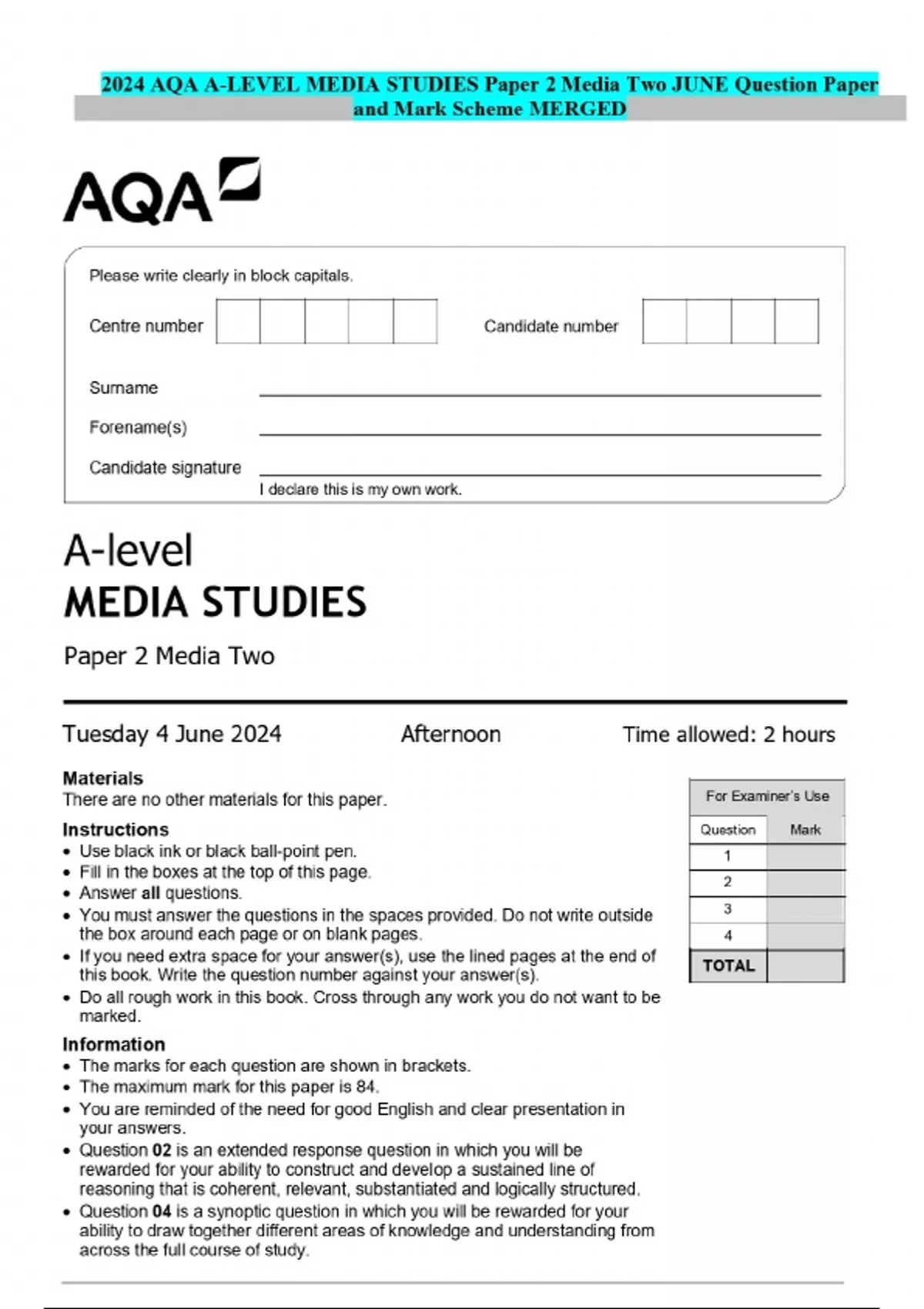 2024 AQA A-LEVEL MEDIA STUDIES Paper 2 Media Two JUNE Question Paper ...