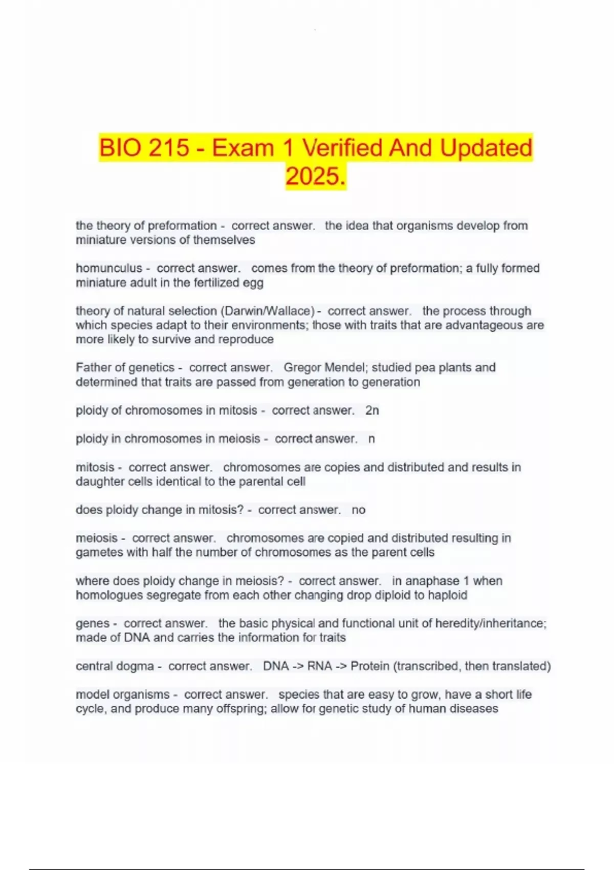 BIO 215 - Exam 1 Verified And Updated 2025. - BIO 215 - Stuvia US