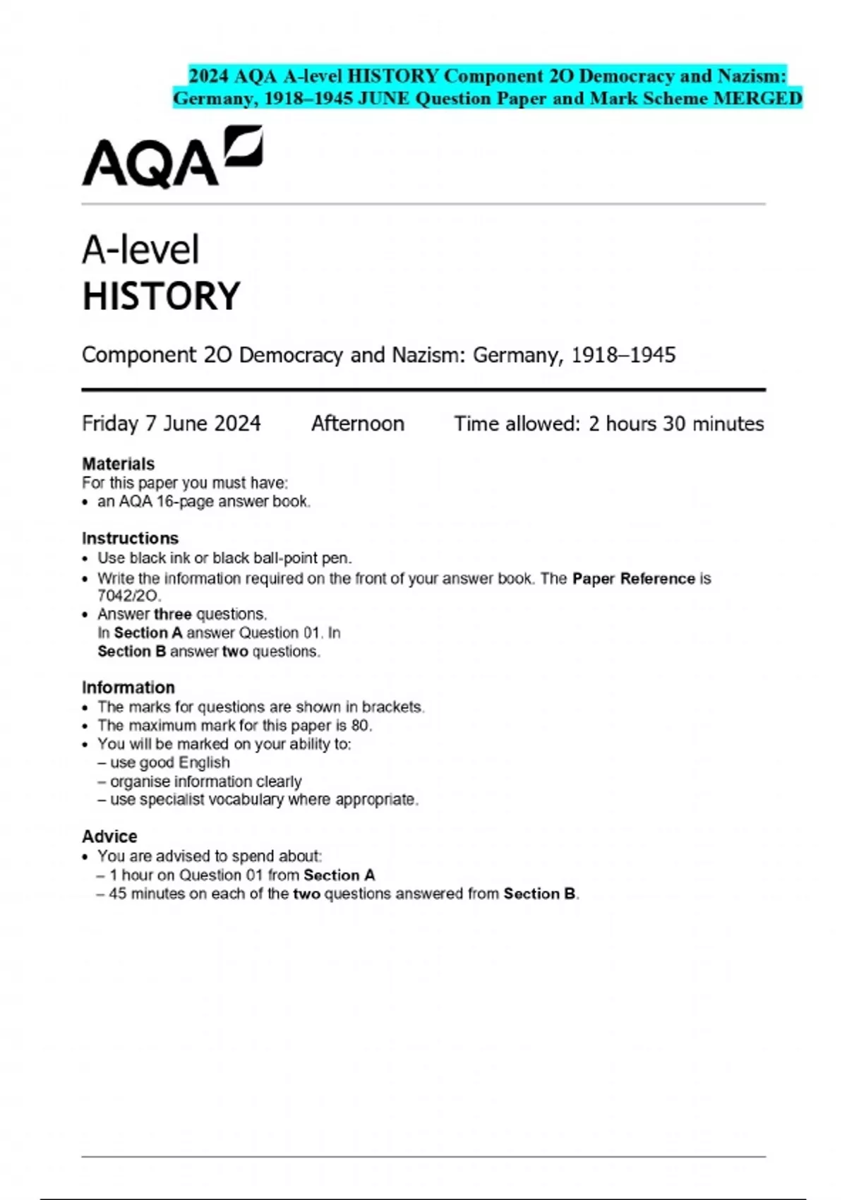 2024 AQA A-level HISTORY Component 2O Democracy and Nazism: Germany ...
