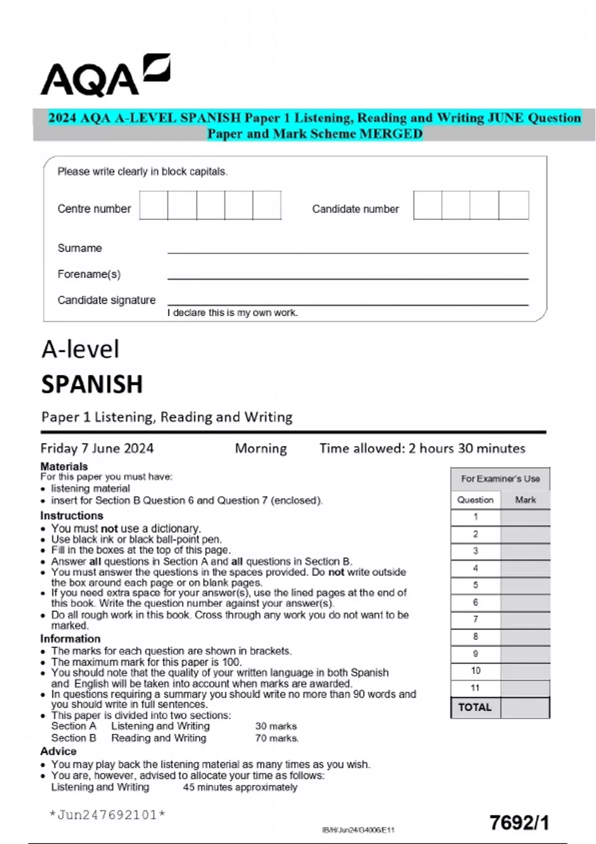 2024 AQA A-LEVEL SPANISH Paper 1 Listening, Reading and Writing JUNE ...