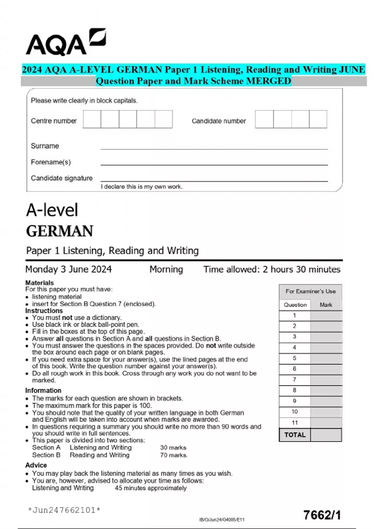 2024 AQA A-LEVEL GERMAN Paper 1 Listening, Reading and Writing JUNE ...