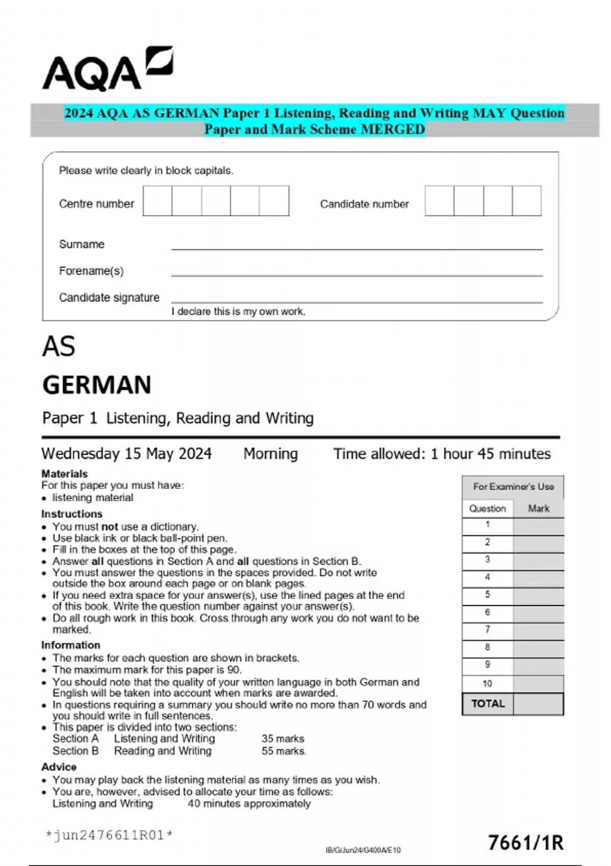 2024 AQA AS GERMAN Paper 1 Listening, Reading and Writing MAY Question ...
