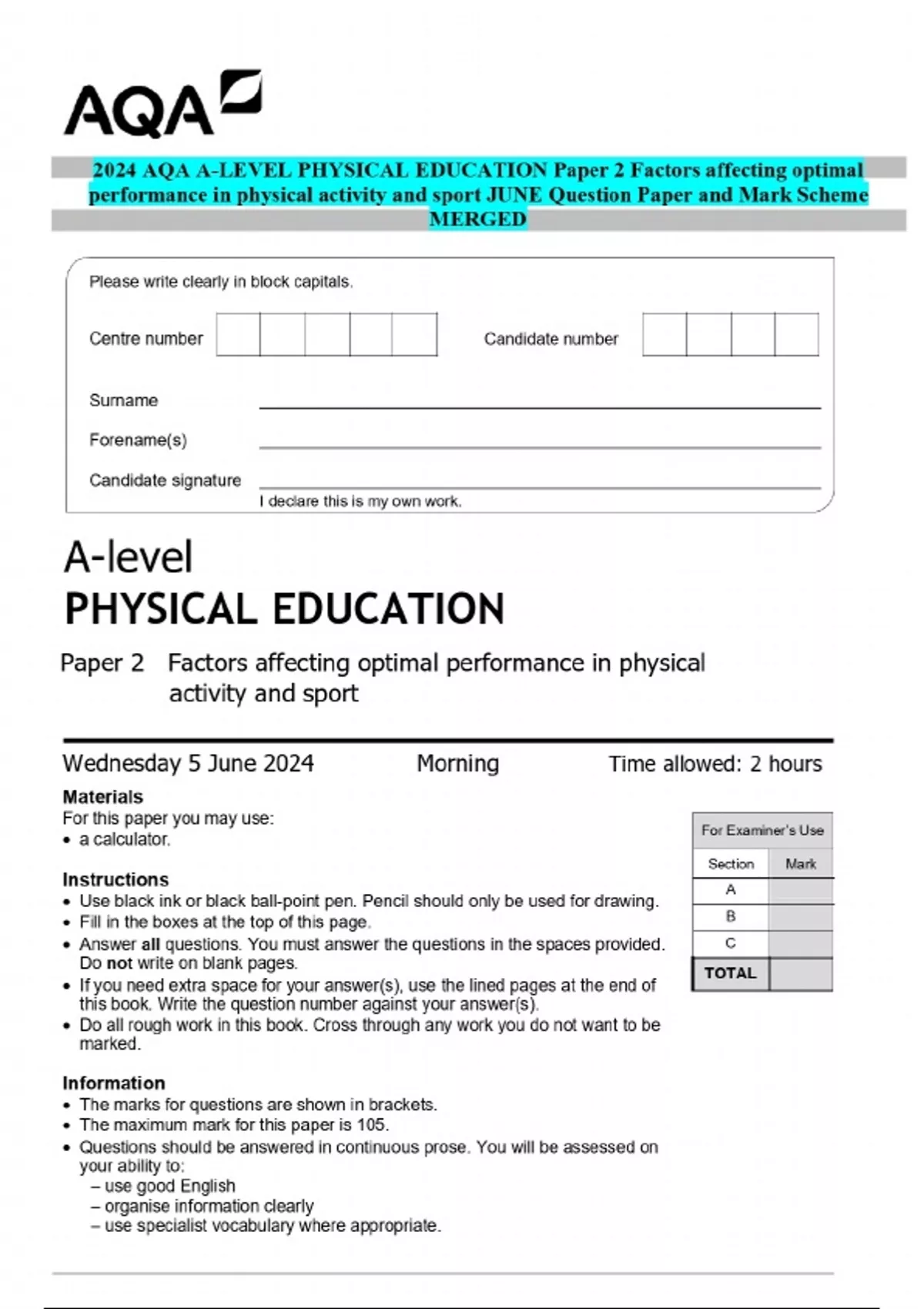 2024 AQA A-LEVEL PHYSICAL EDUCATION Paper 2 Factors affecting optimal ...