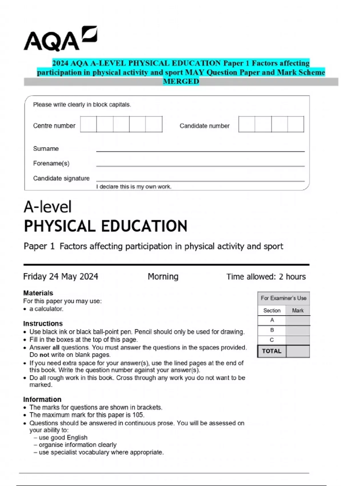 2024 AQA A-LEVEL PHYSICAL EDUCATION Paper 1 Factors affecting ...