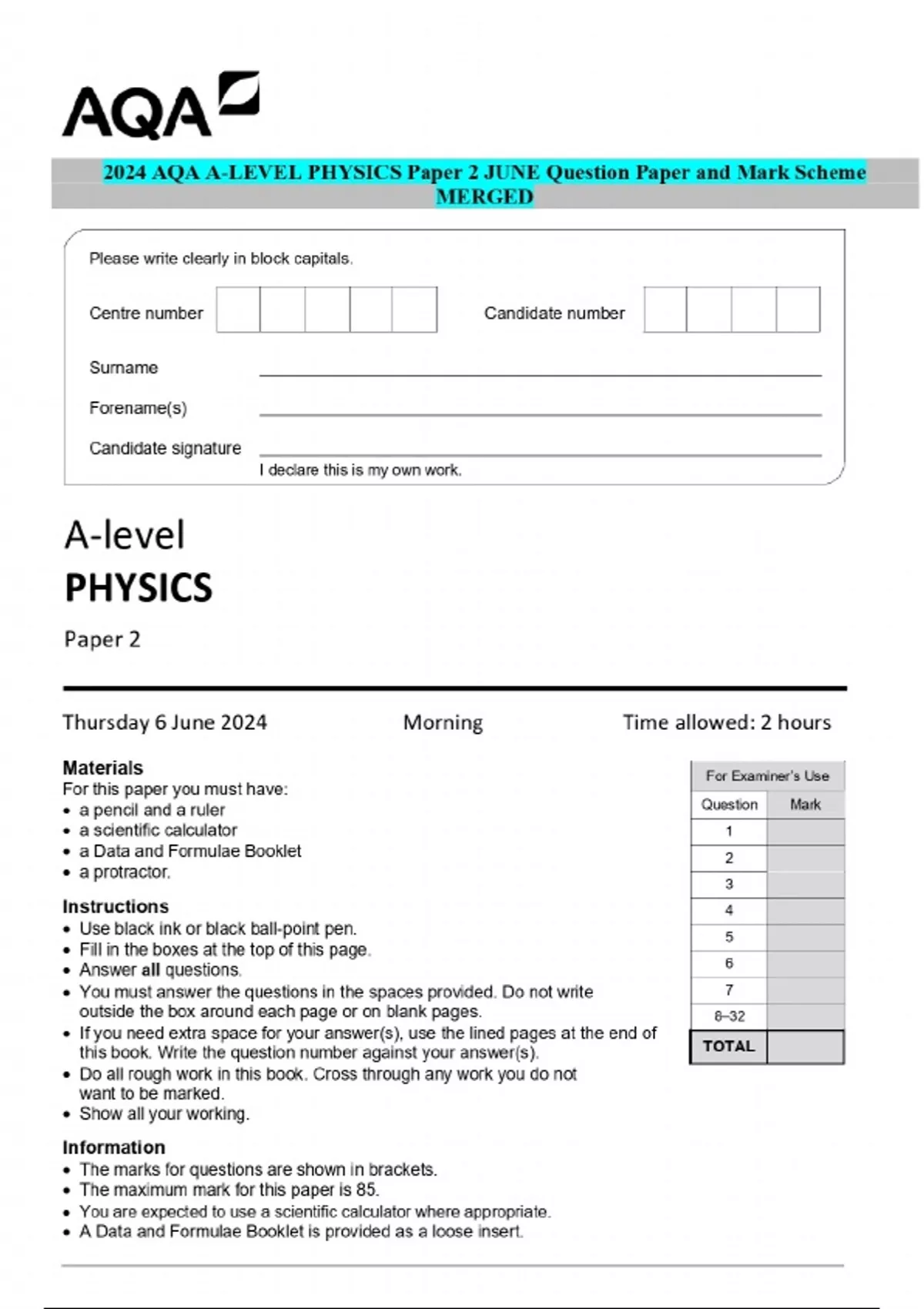 2024 AQA A-LEVEL PHYSICS Paper 2 JUNE Question Paper and Mark Scheme ...