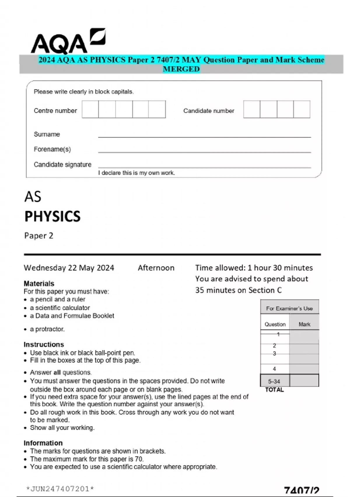 2024 AQA AS PHYSICS Paper 2 7407/2 MAY Question Paper and Mark Scheme ...