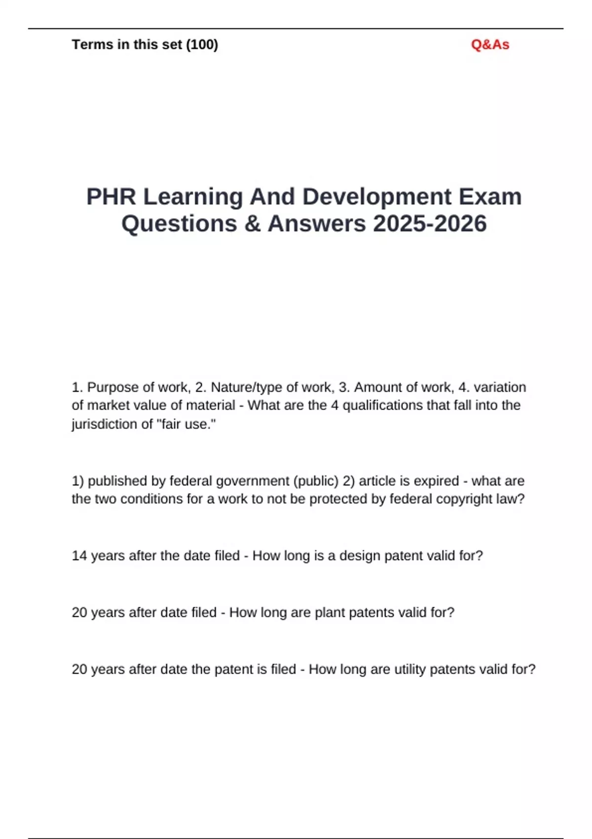 PHR Learning And Development Exam Questions & Answers - PHR - Stuvia US