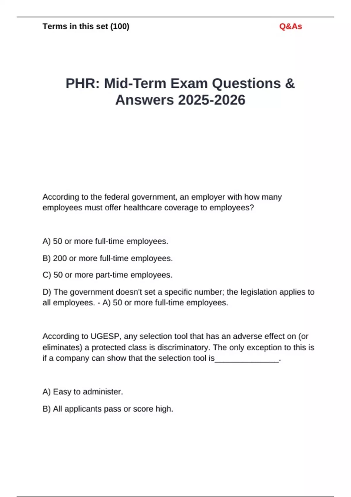 PHR Mid-Term Exam Questions & Answers - PHR - Stuvia US