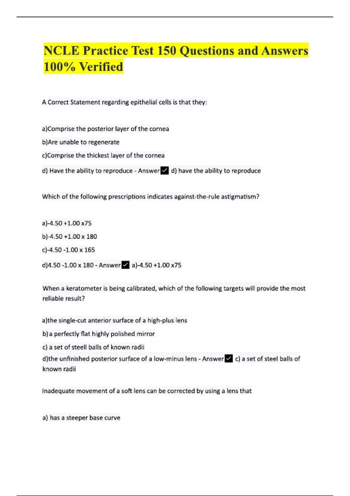 NCLE Practice Test 150 Questions and Answers 100 VerifiedNCLE Practice ...