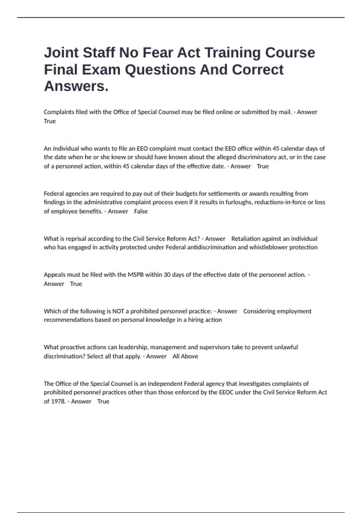 Joint Staff No Fear Act Training Course Final Exam Questions And ...
