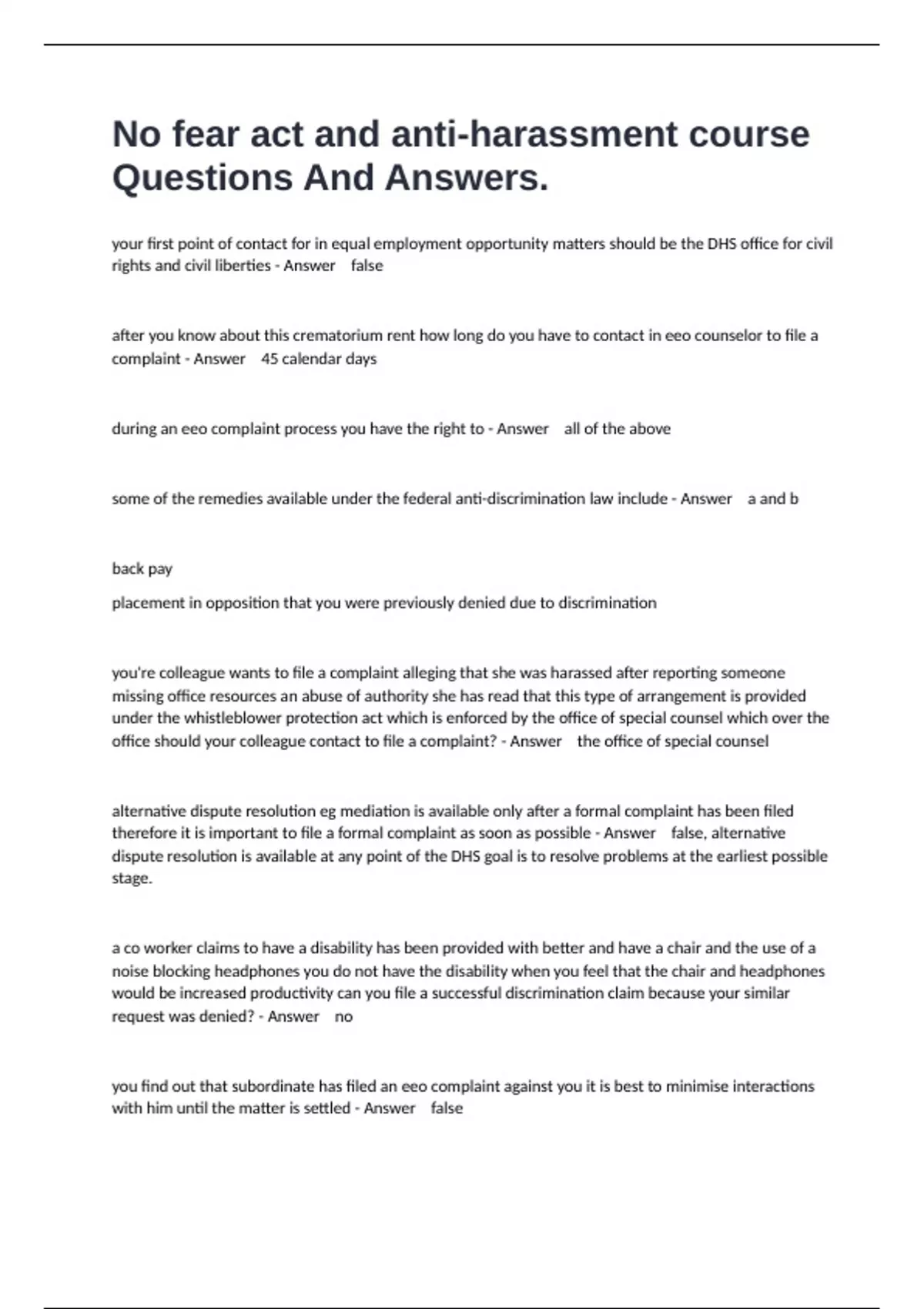 No fear act and anti-harassment course Questions And Answers. - No Fear ...