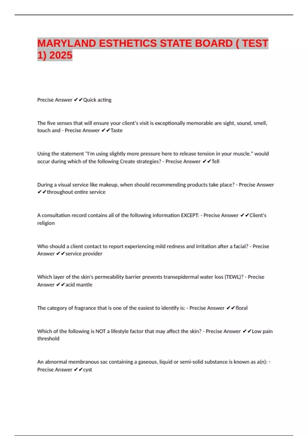 MARYLAND ESTHETICS STATE BOARD ( TEST 1) 2025 - MARYLAND ESTHETICS ...