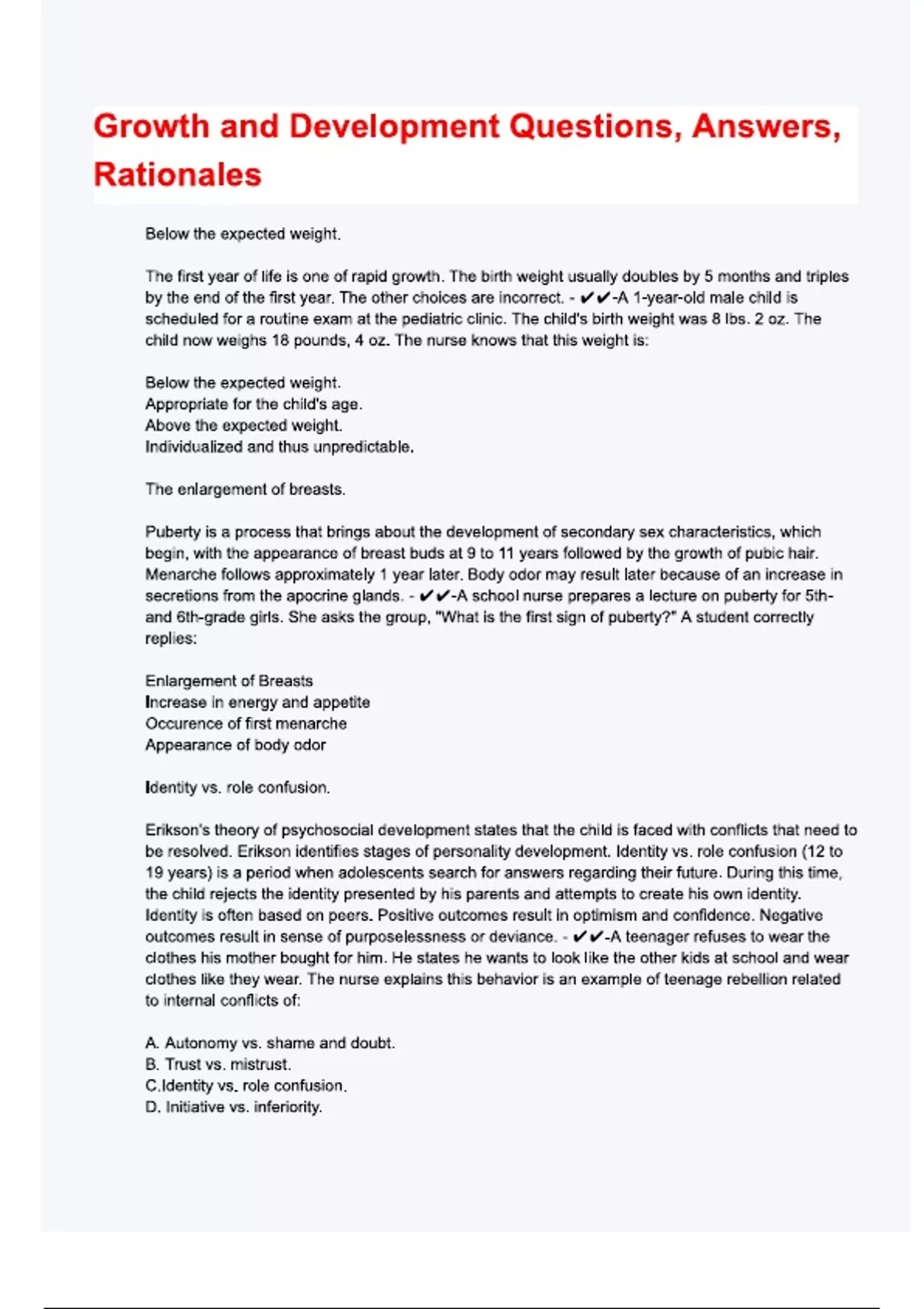 Growth and Development Questions, Answers, Rationales - Psychiatric ...