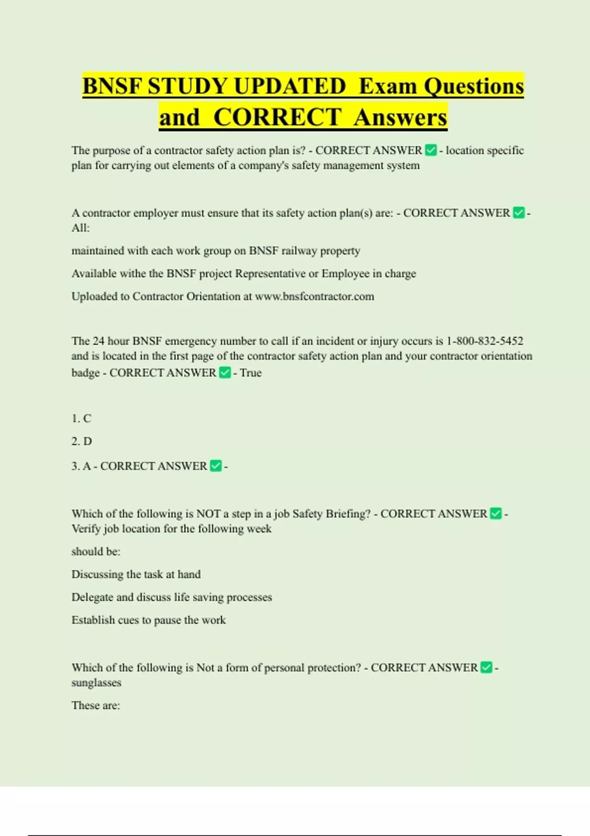 BNSF STUDY UPDATED Exam Questions and CORRECT Answers - Bnsf - Stuvia US