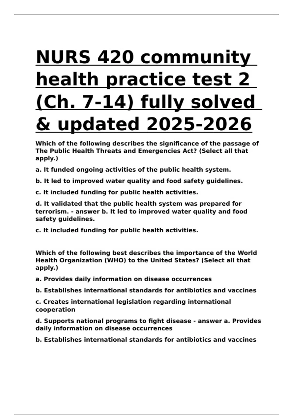 NURS 420 community health practice test 2 (Ch. 7-14) fully solved ...