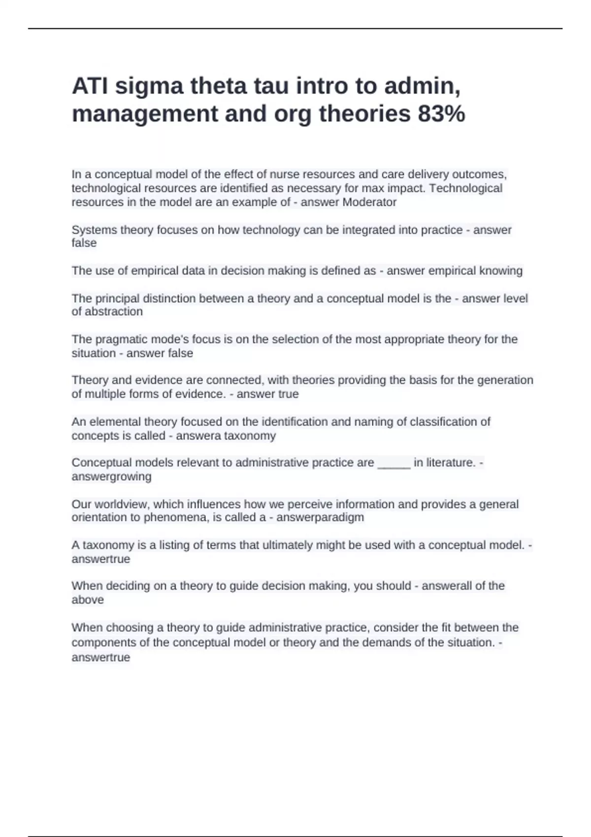 ATI sigma theta tau intro to admin, management and org theories 83 ...